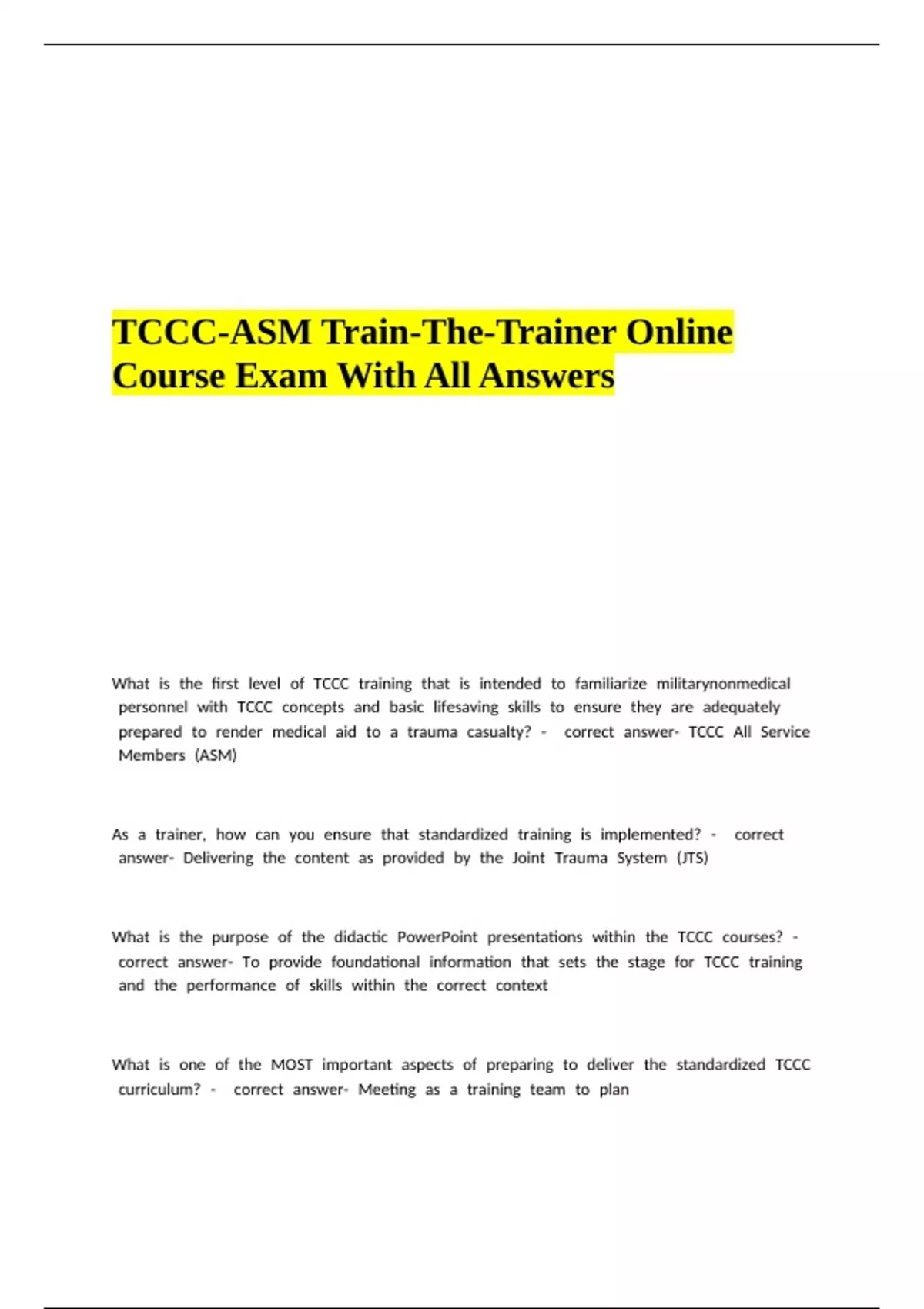 TCCC-ASM Train-The-Trainer Online Course Exam With All Answers - TCCC - Stuvia US
