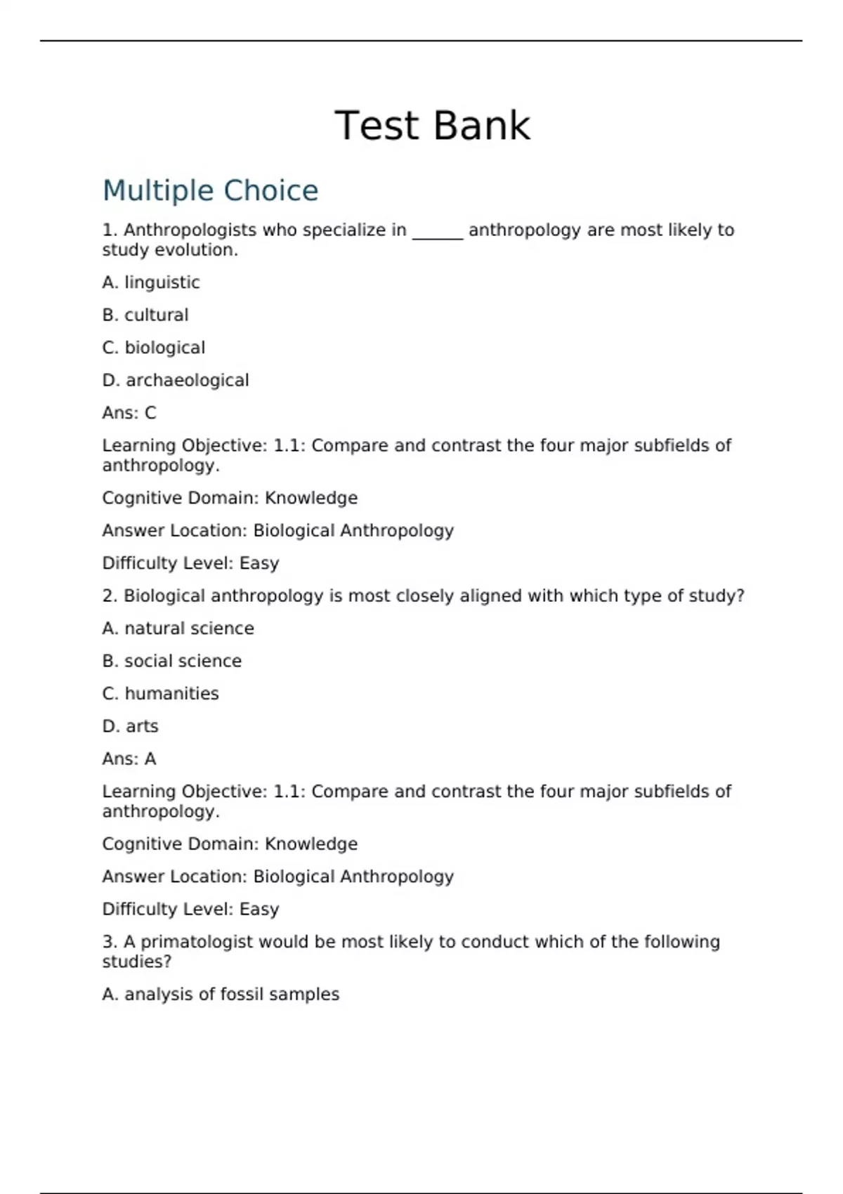 Test bank, quizzes: Anthropology A Global Perspective,Scupin, 9e (2025 ...