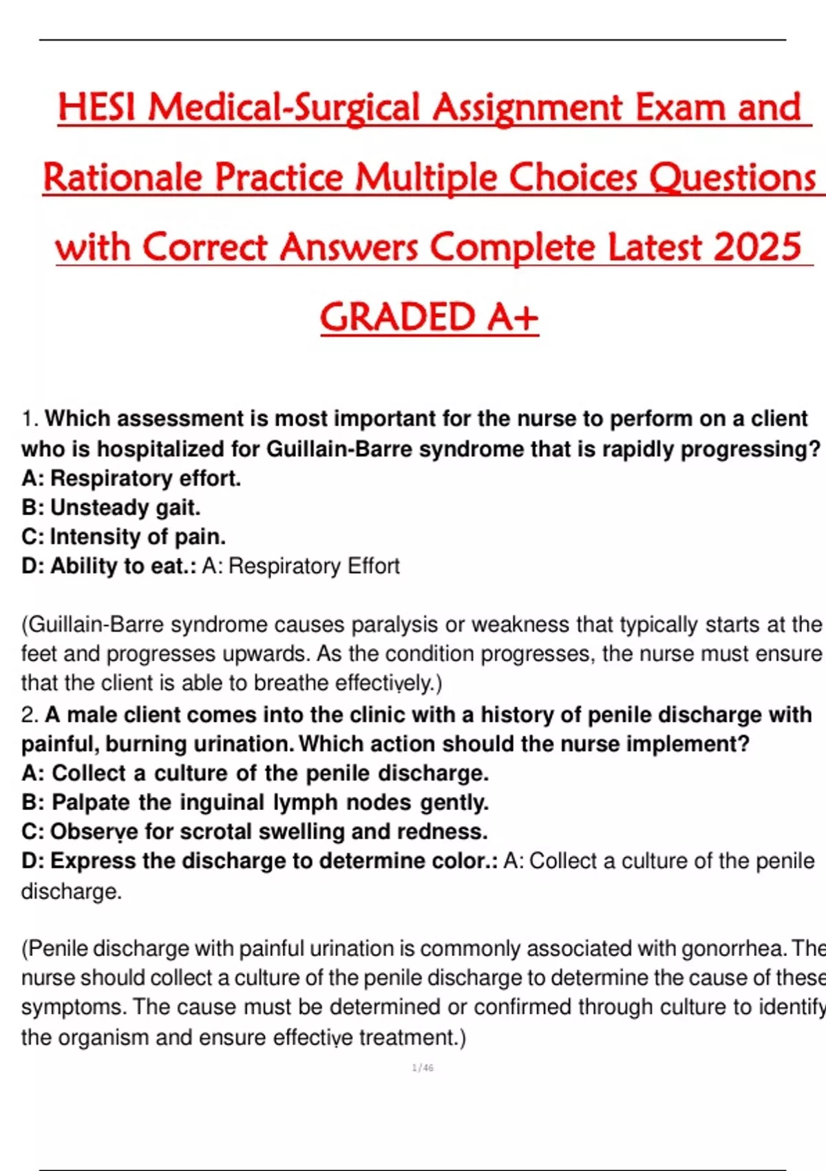 HESI Medical-Surgical Assignment Exam and Rationale Practice Multiple ...