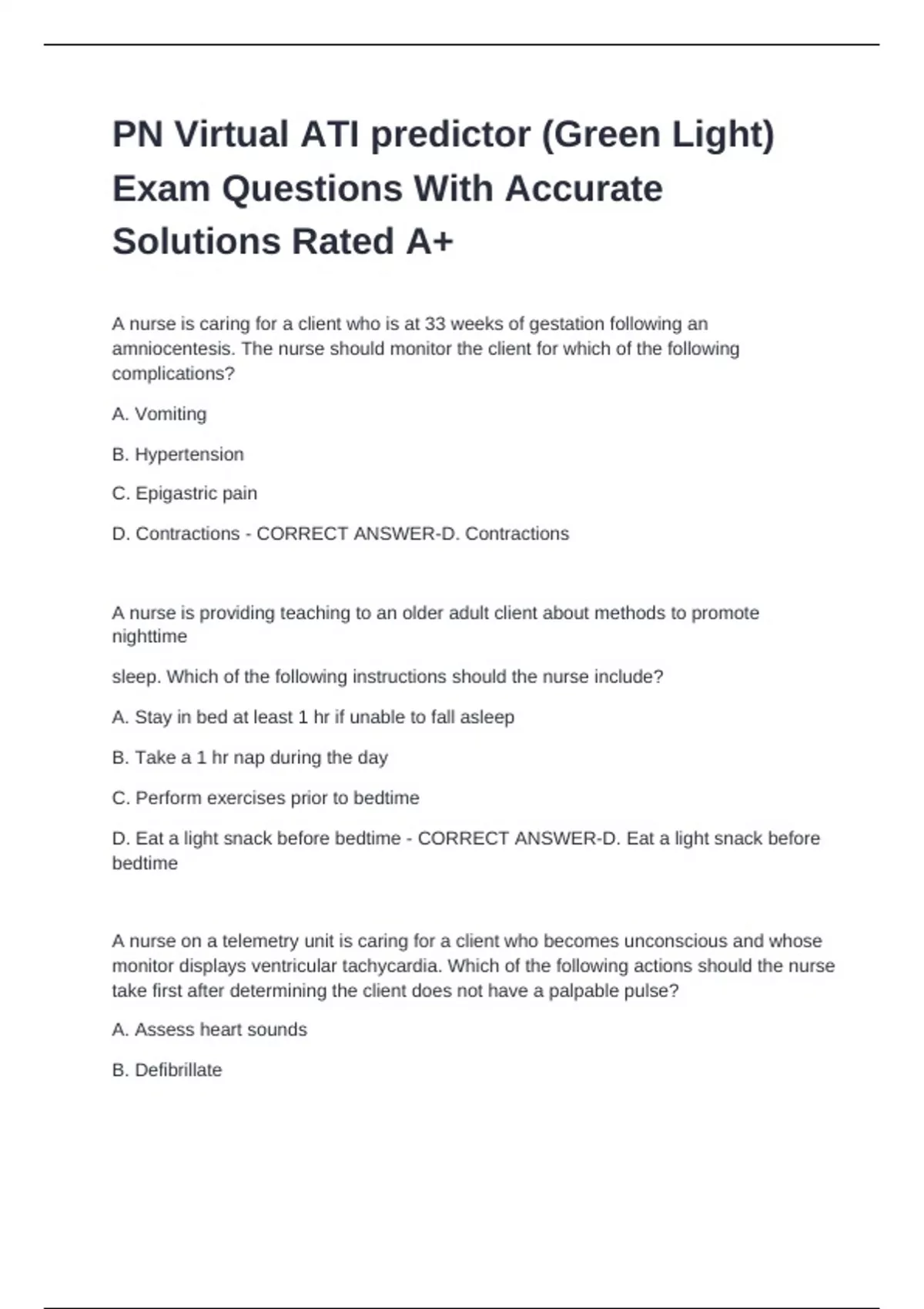 PN Virtual ATI predictor (Green Light) Exam Questions With Accurate ...