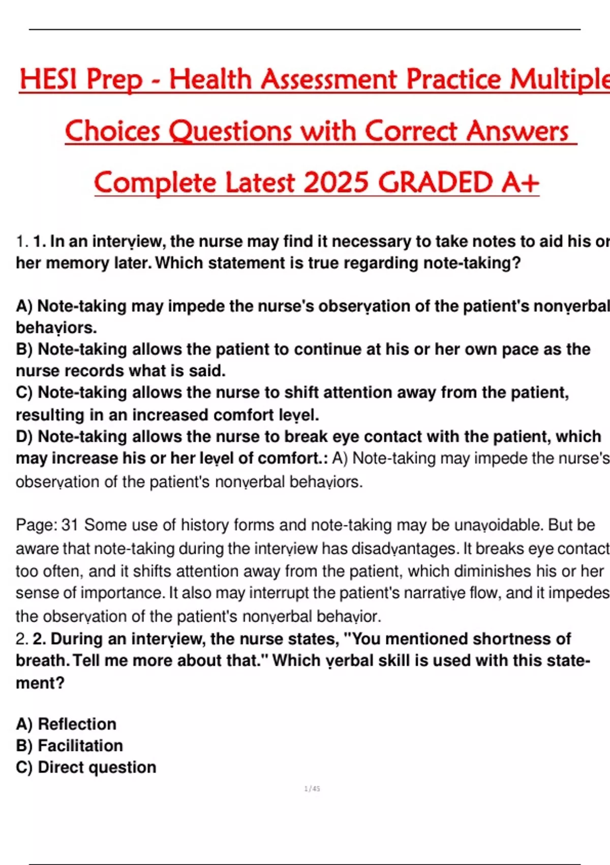 HESI Prep - Health Assessment Practice Multiple Choices Questions with ...