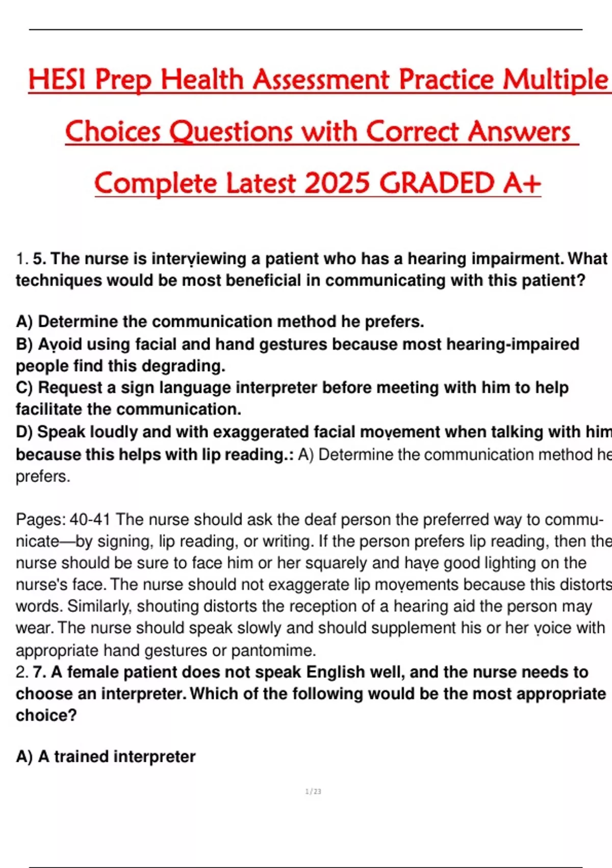 HESI Prep Health Assessment Practice Multiple Choices Questions with ...