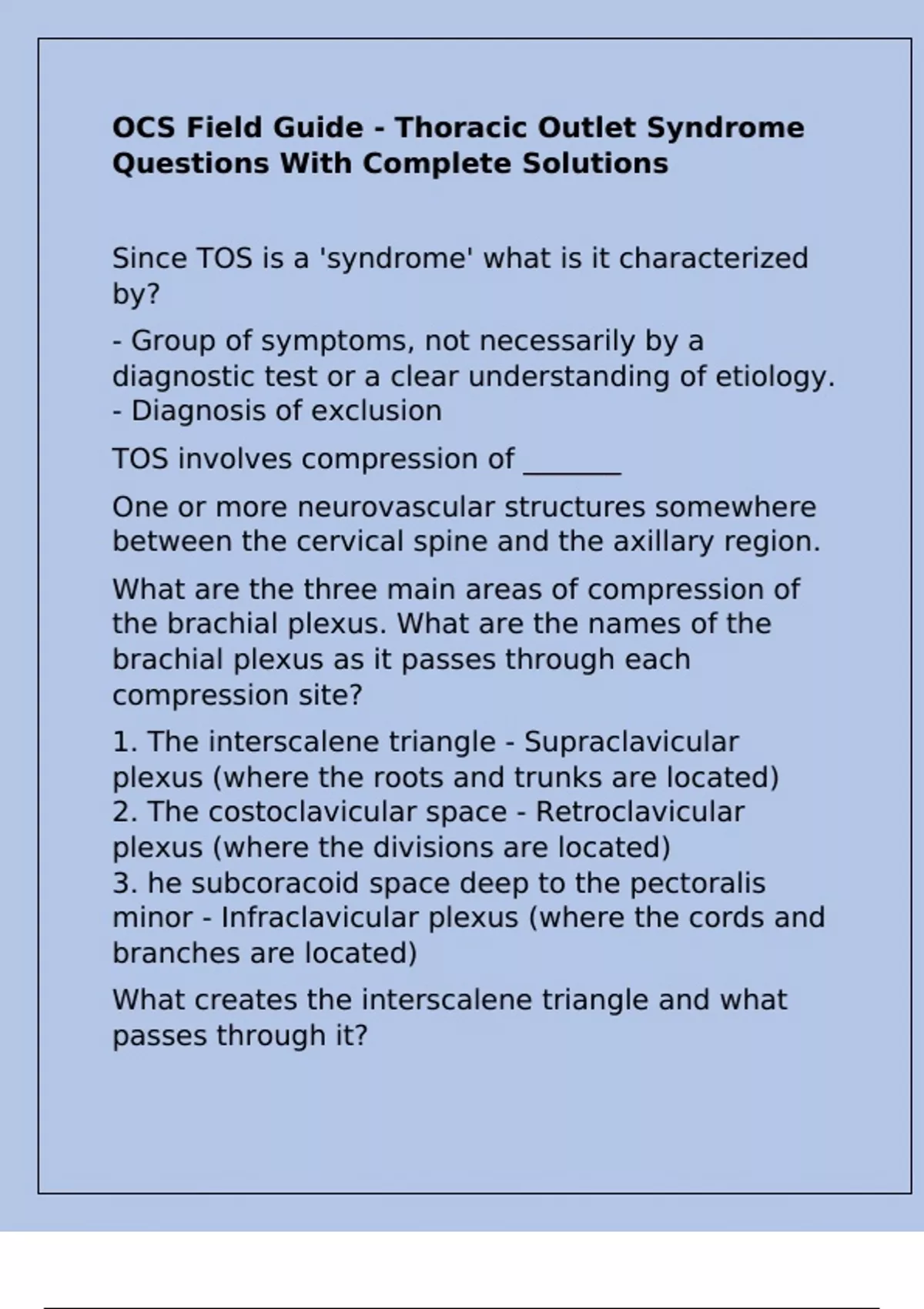 OCS Field Guide - Thoracic Outlet Syndrome Questions With Complete ...