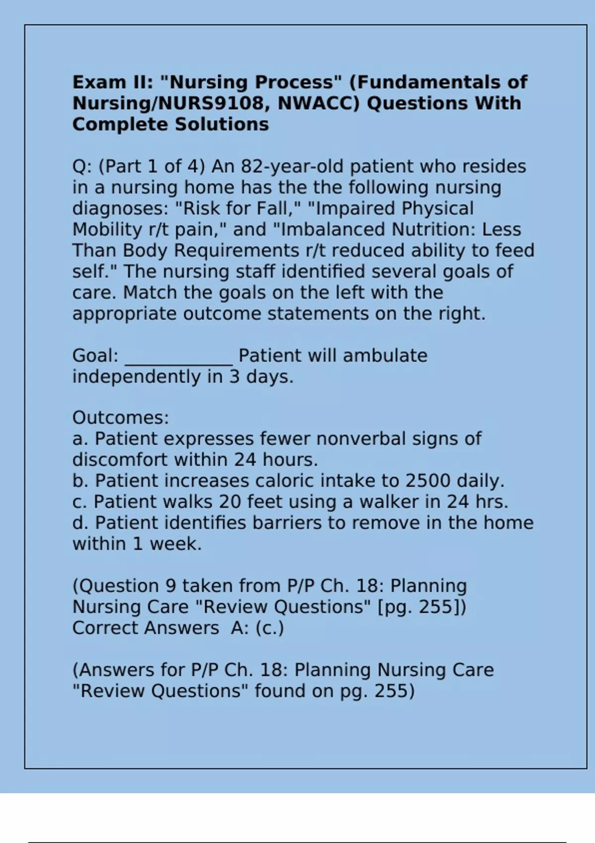 Exam II: "Nursing Process" (Fundamentals of Nursing/NURS9108, NWACC) Questions With Complete ...