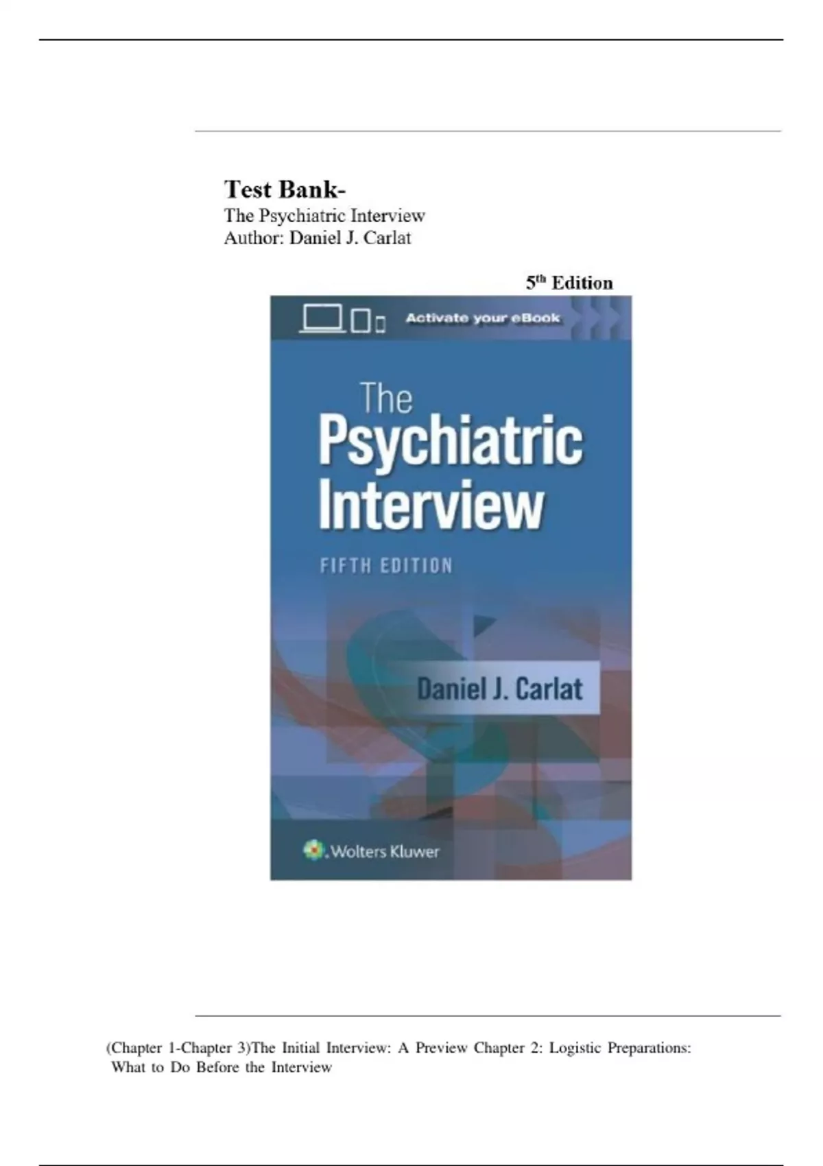 Test Bank For The Psychiatric Interview 5th Edition( Daniel J. Carlat ...
