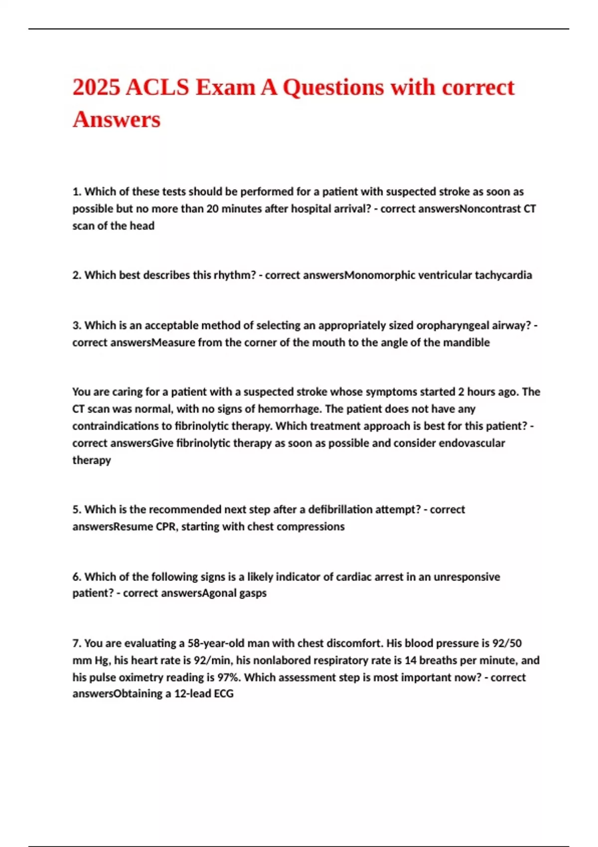 2025 ACLS Exam A Questions with correct Answers - ACLS - Stuvia US