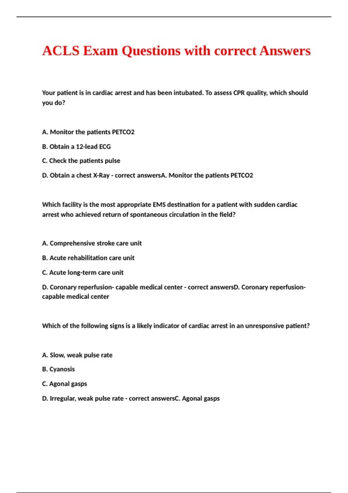 ACLS Exam Questions with correct Answers - ACLS - Stuvia US
