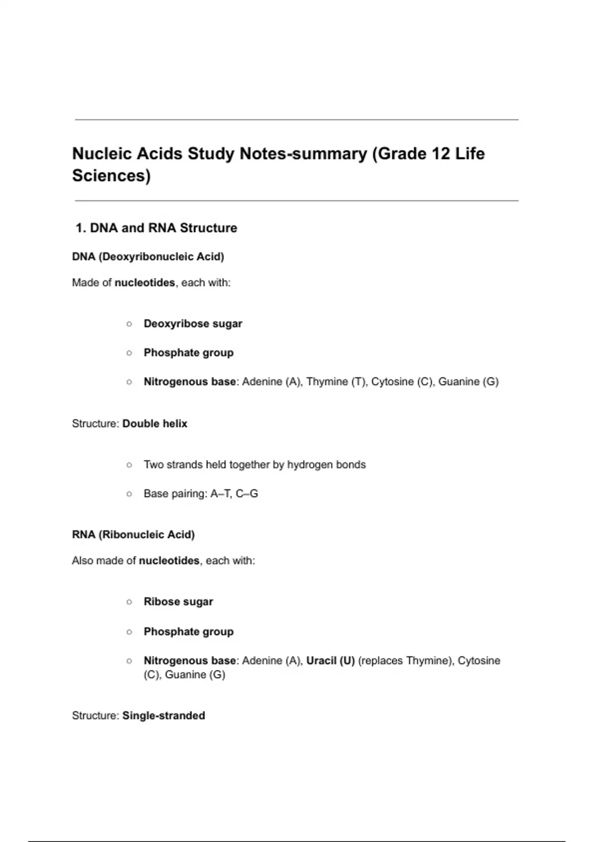 Summary nucleic acids (DNA vs RNA ) explained - Life Sciences - Stuvia SA