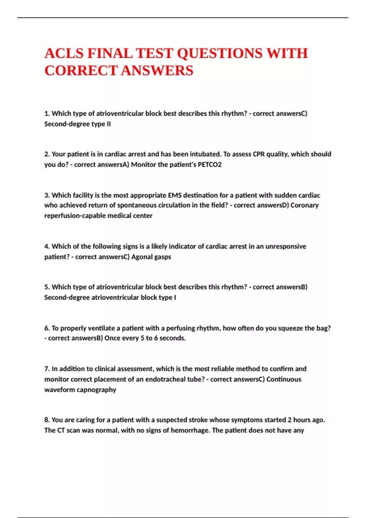 ACLS FINAL TEST QUESTIONS WITH CORRECT ANSWERS. - ACLS - Stuvia US