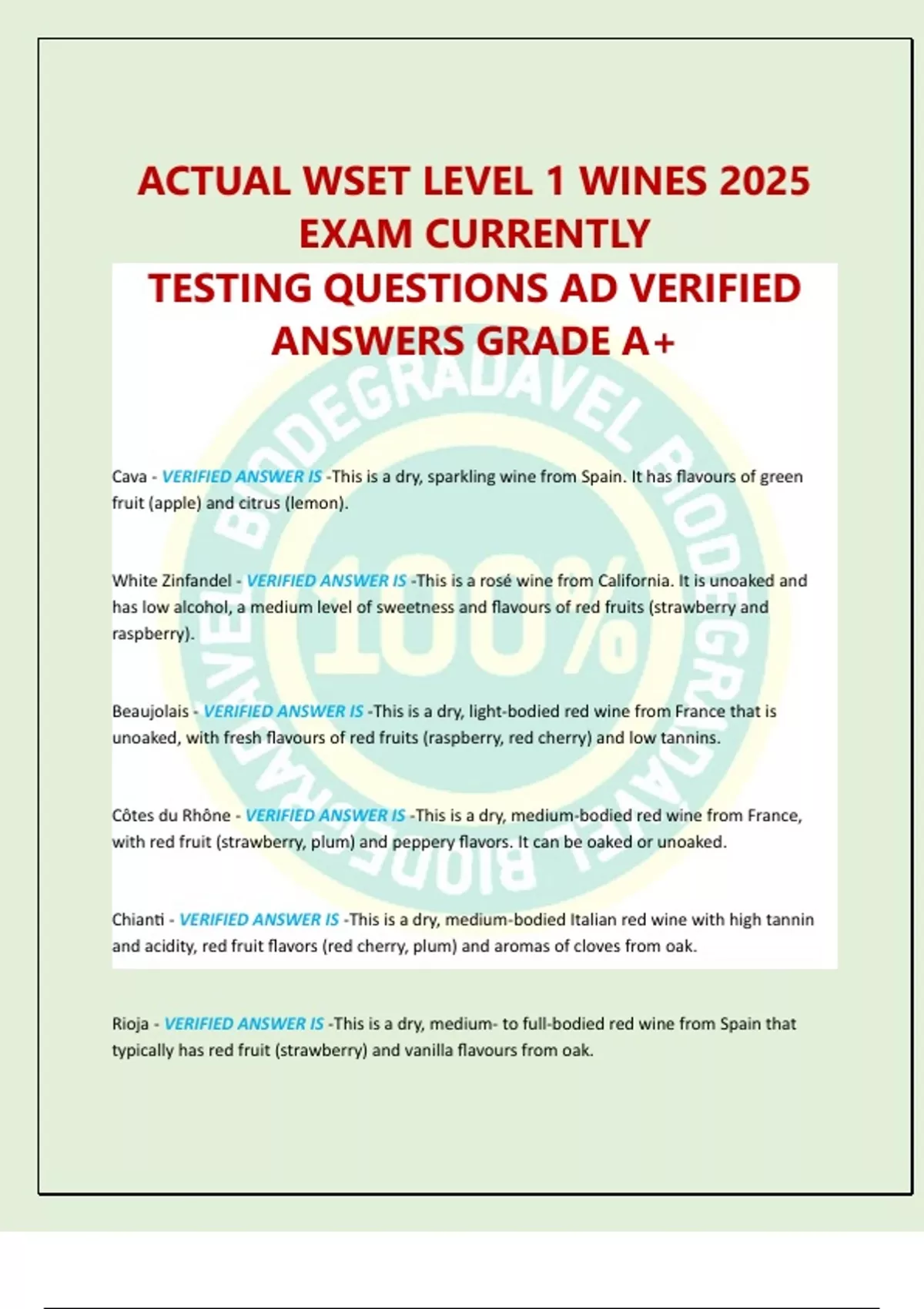 ACTUAL WSET LEVEL 1 WINES 2025 EXAM CURRENTLY TESTING QUESTIONS AD ...