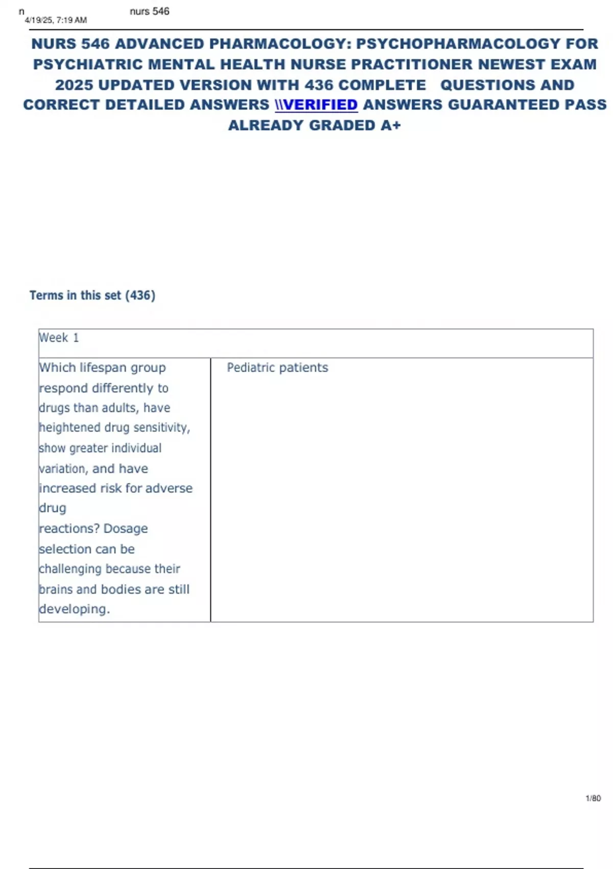 NURS 546 ADVANCED PHARMACOLOGY: PSYCHOPHARMACOLOGY FOR PSYCHIATRIC ...