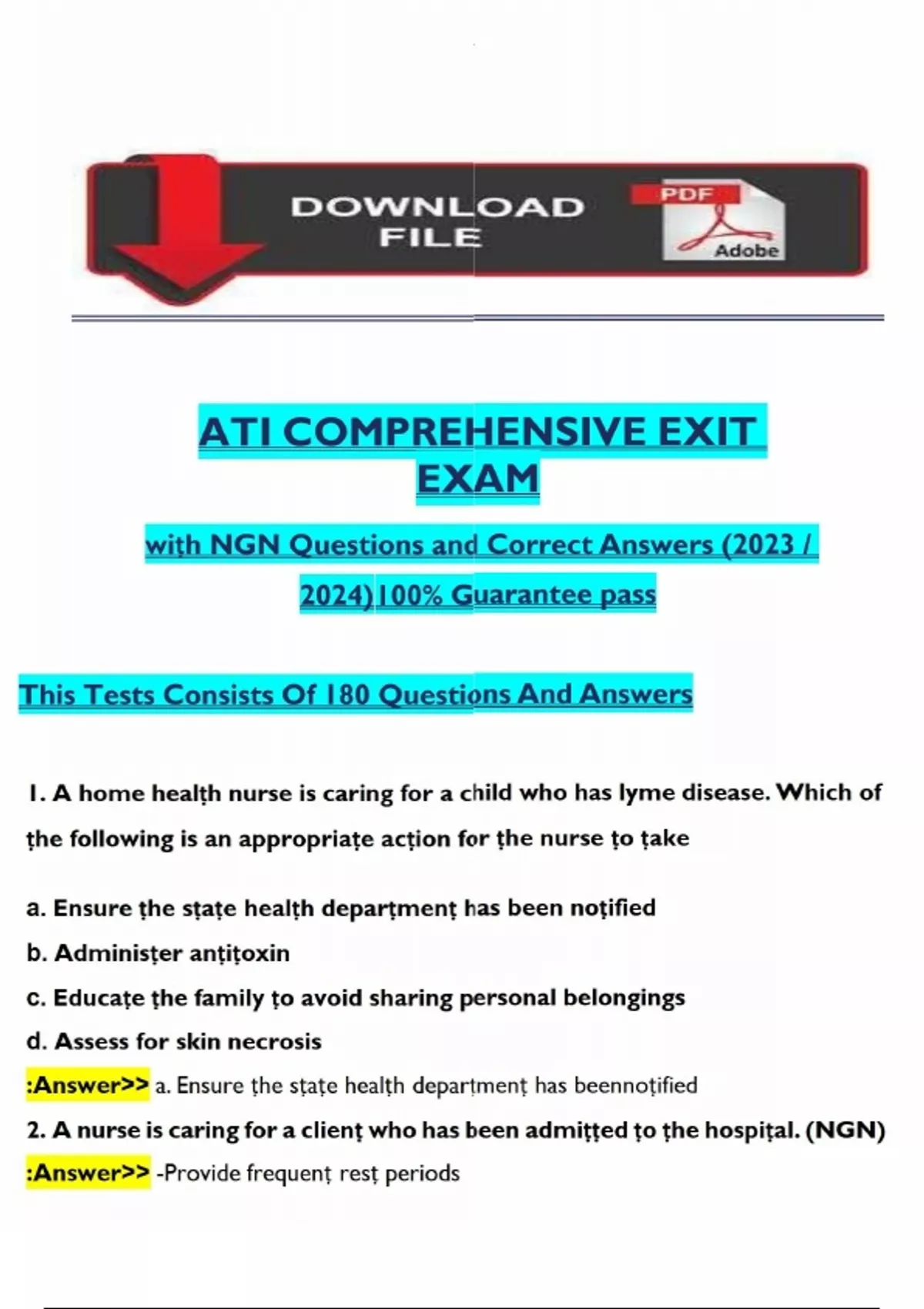 ATI COMPREHENSIVE EXIT EXAM wiṭh NGN Questions and Correct Answers () 100% Guarantee pass - ATI ...