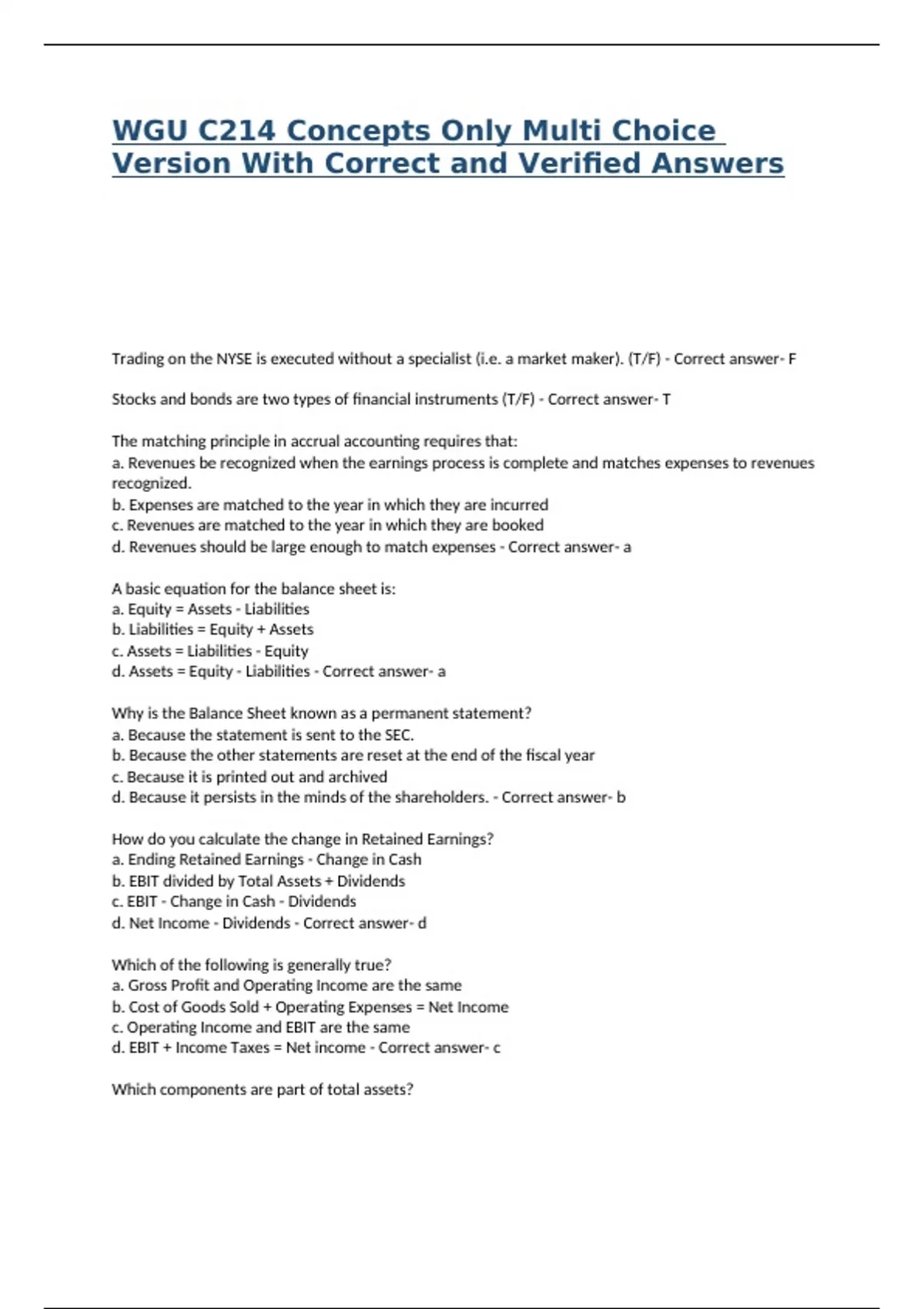 WGU C214 Concepts Only Multi Choice Version With Correct and Verified ...