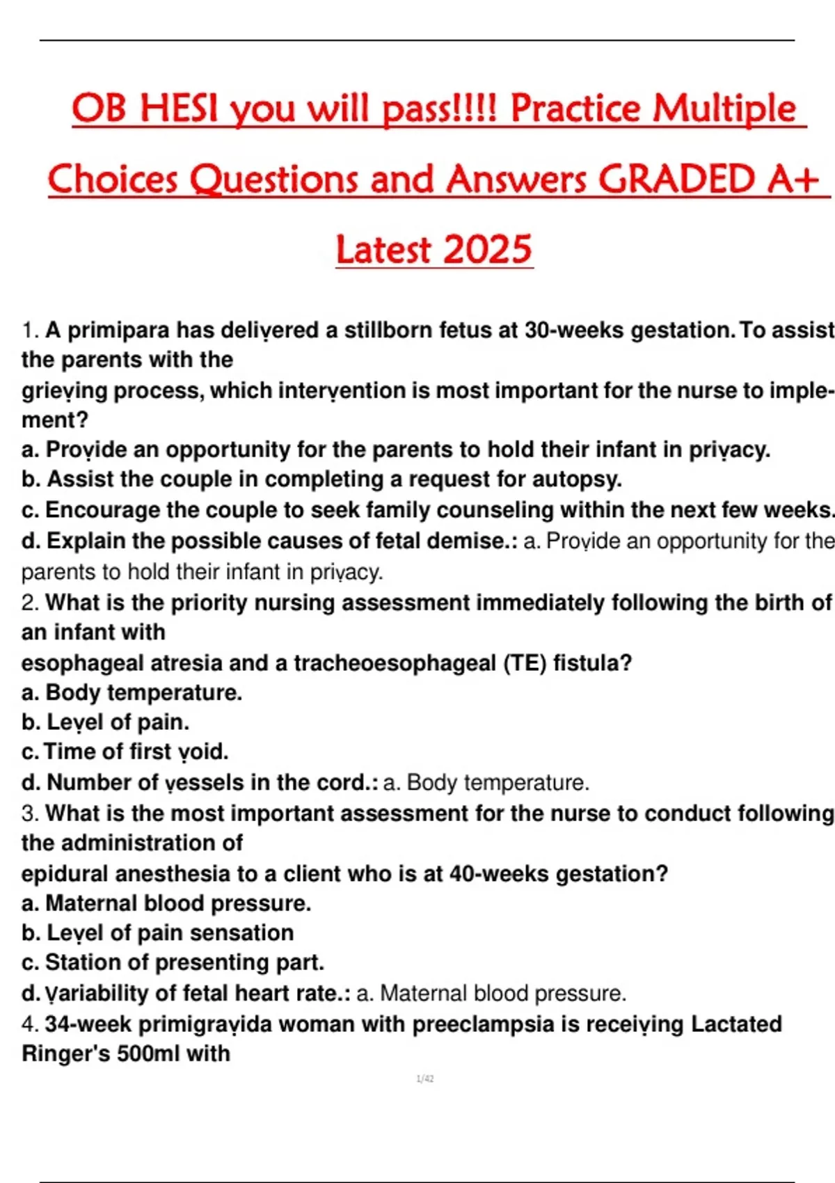 OB HESI you will pass!!!! Practice Multiple Choices Questions and ...