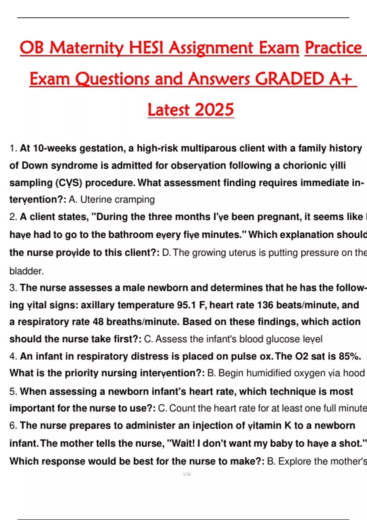 OB Maternity HESI Assignment Exam Practice Exam Questions and Answers ...