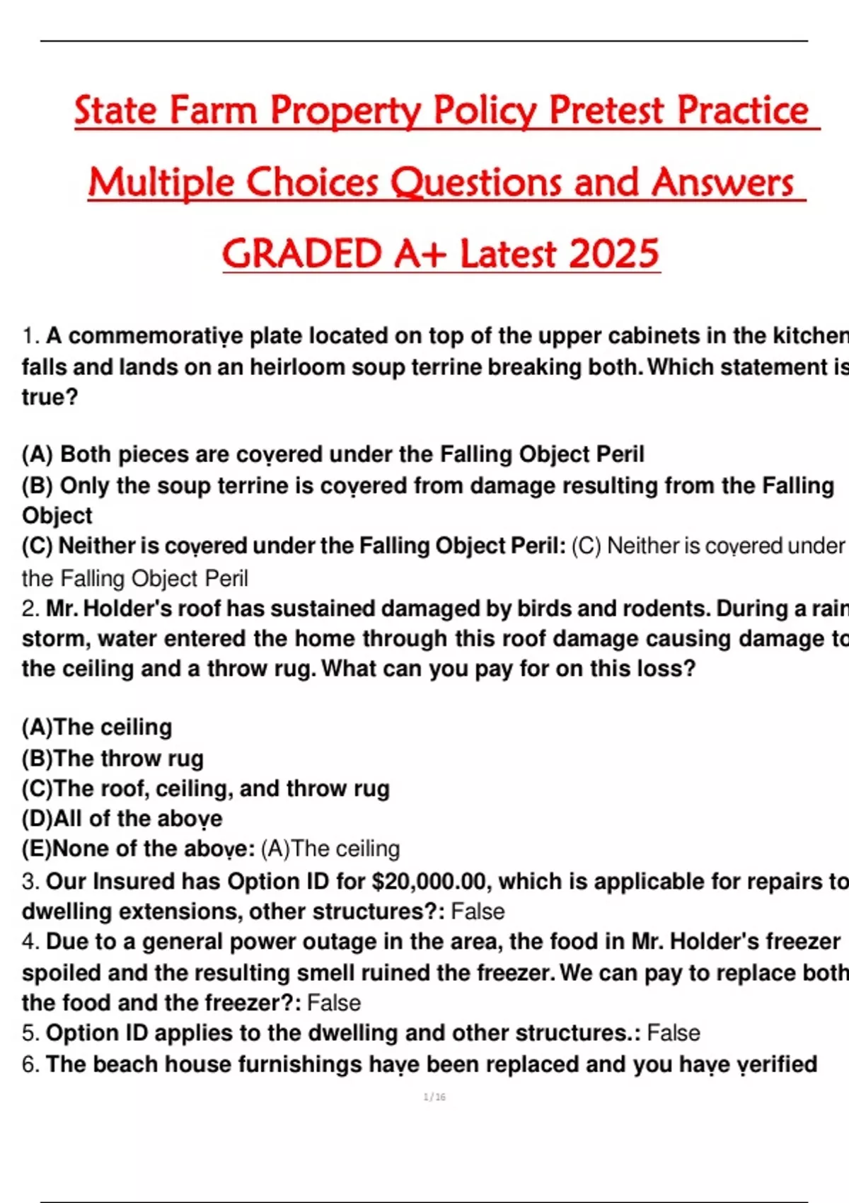 State Farm Property Policy Pretest Practice Multiple Choices Questions ...