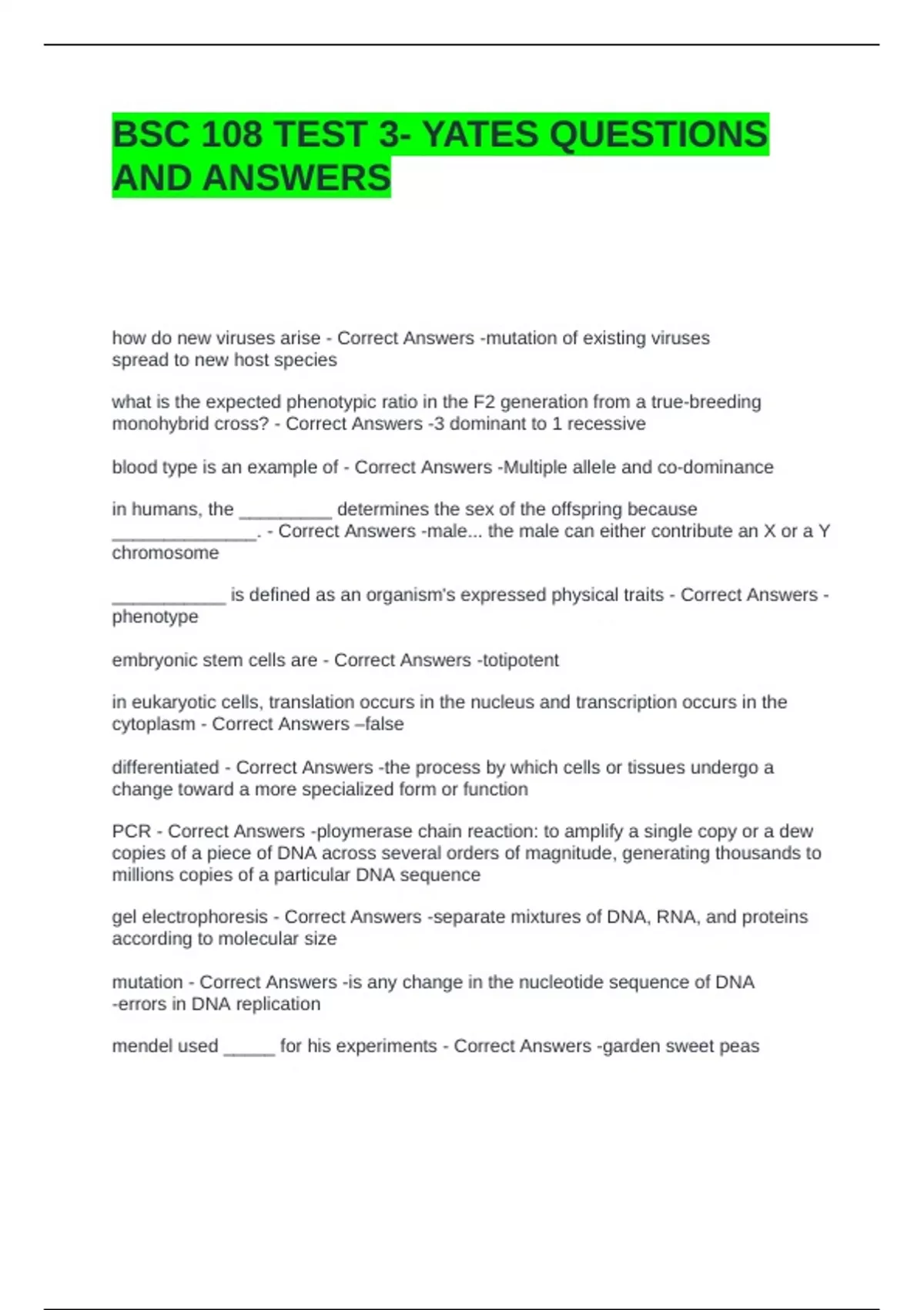 BSC 108 TEST 3- YATES QUESTIONS AND ANSWERS | VERIFIED - BSC 108 ...
