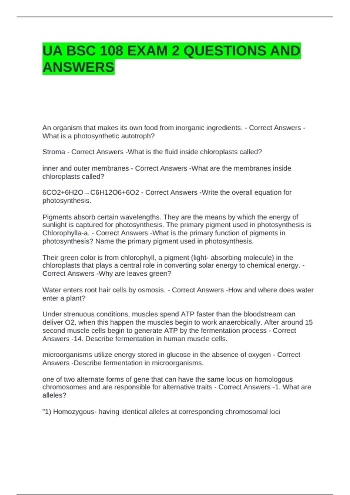 UA BSC 108 EXAM 2 QUESTIONS AND ANSWERS 2025 - BSC 108 - Stuvia US