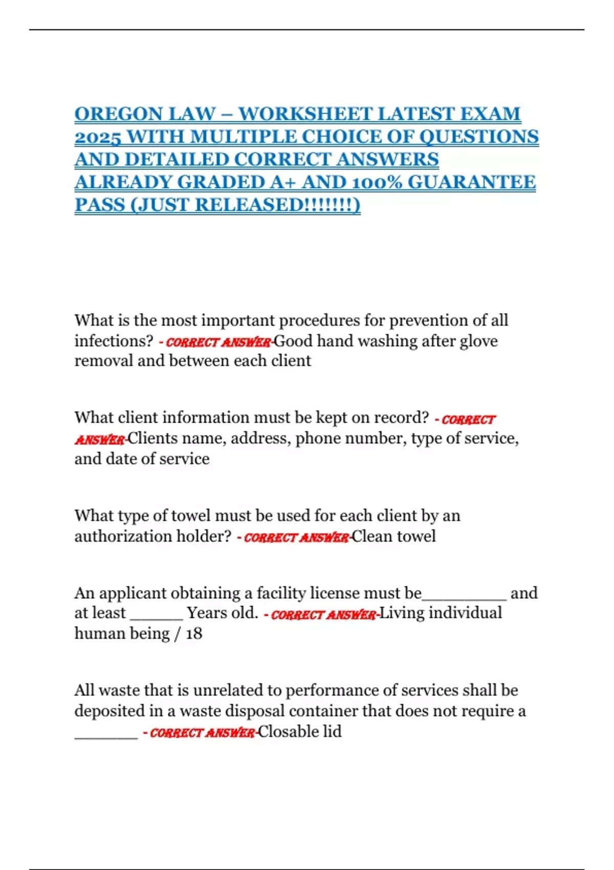 OREGON LAW – WORKSHEET LATEST EXAM 2025 WITH MULTIPLE CHOICE OF ...