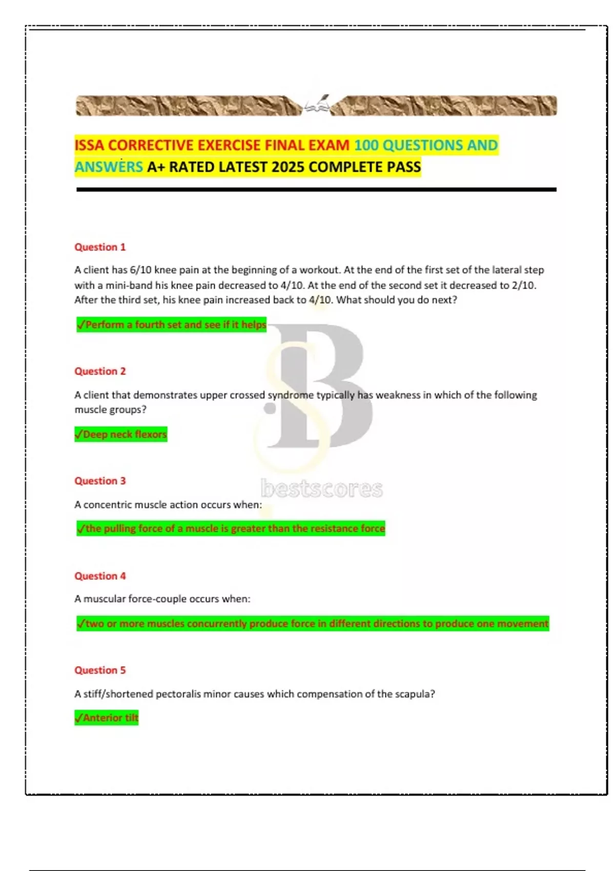 ISSA CORRECTIVE EXERCISE FINAL EXAM 100 QUESTIONS AND ANSWERS A+ RATED ...