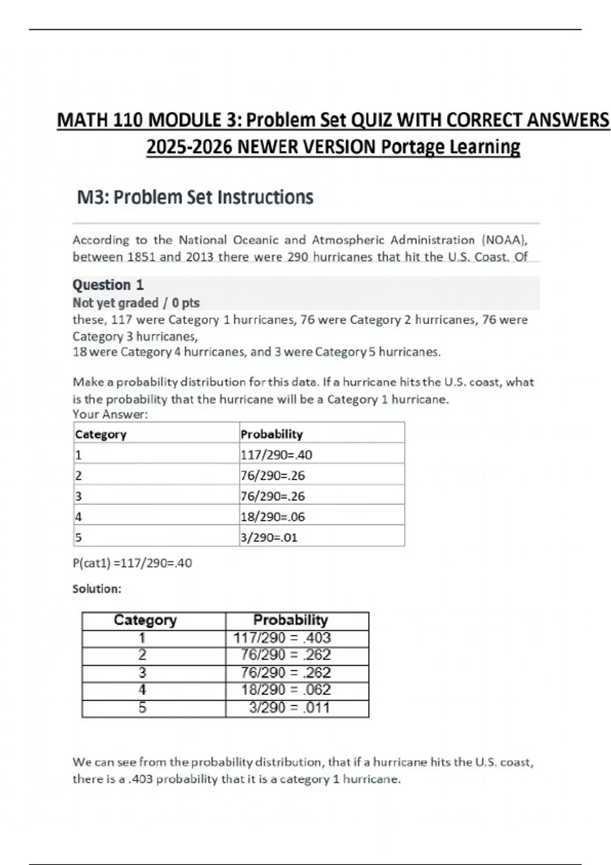 MATH 110 MODULE 3: Problem Set QUIZ WITH CORRECT ANSWERS NEWER VERSION ...