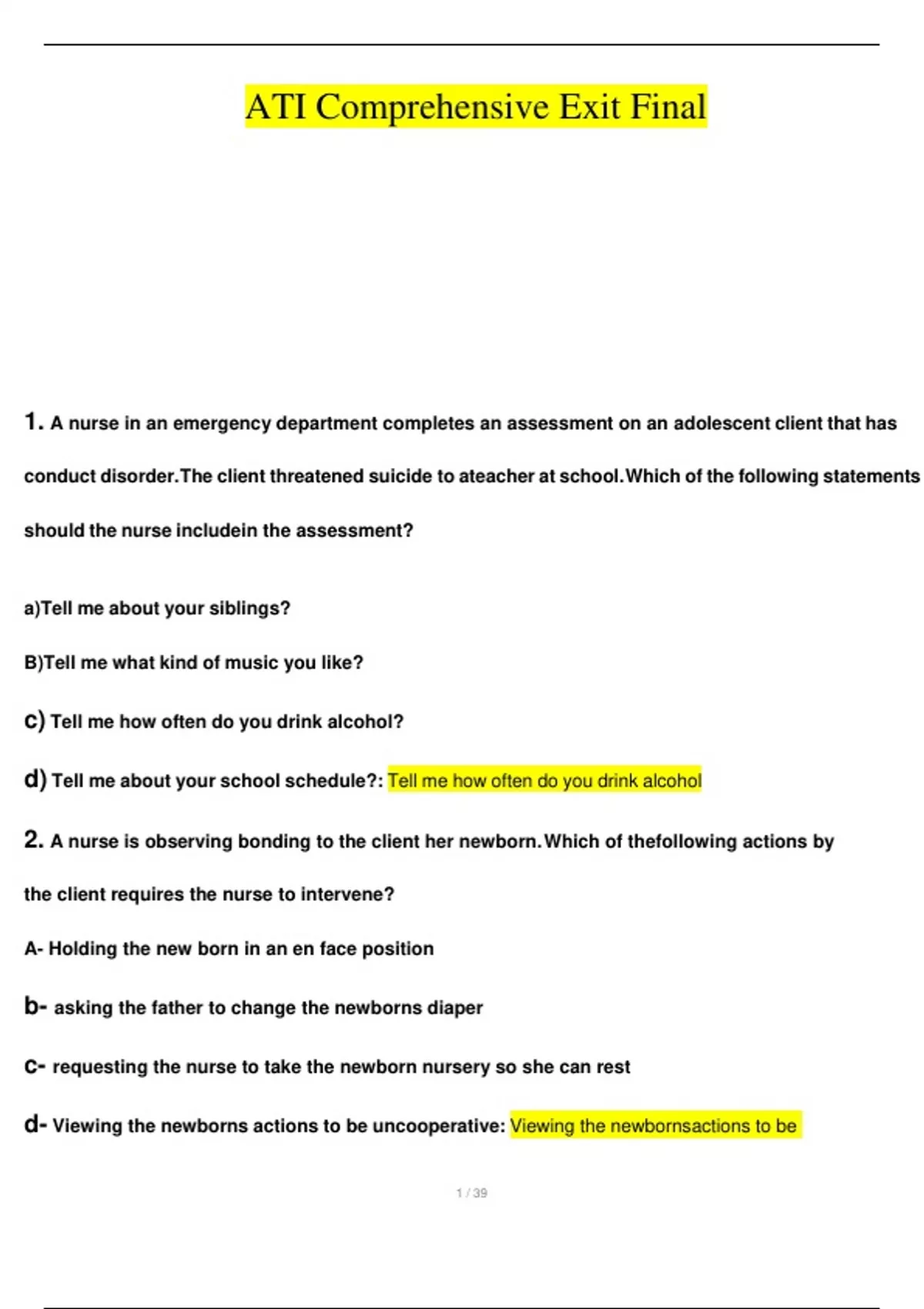 ATI Comprehensive Exit Final - ATI Comprehensive Exit - Stuvia US