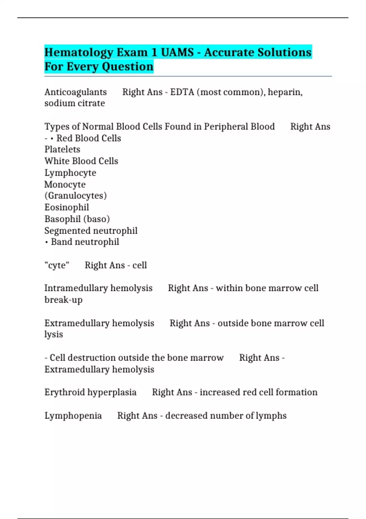 Hematology Exam 1 UAMS - Accurate Solutions For Every Question - UAMS ...