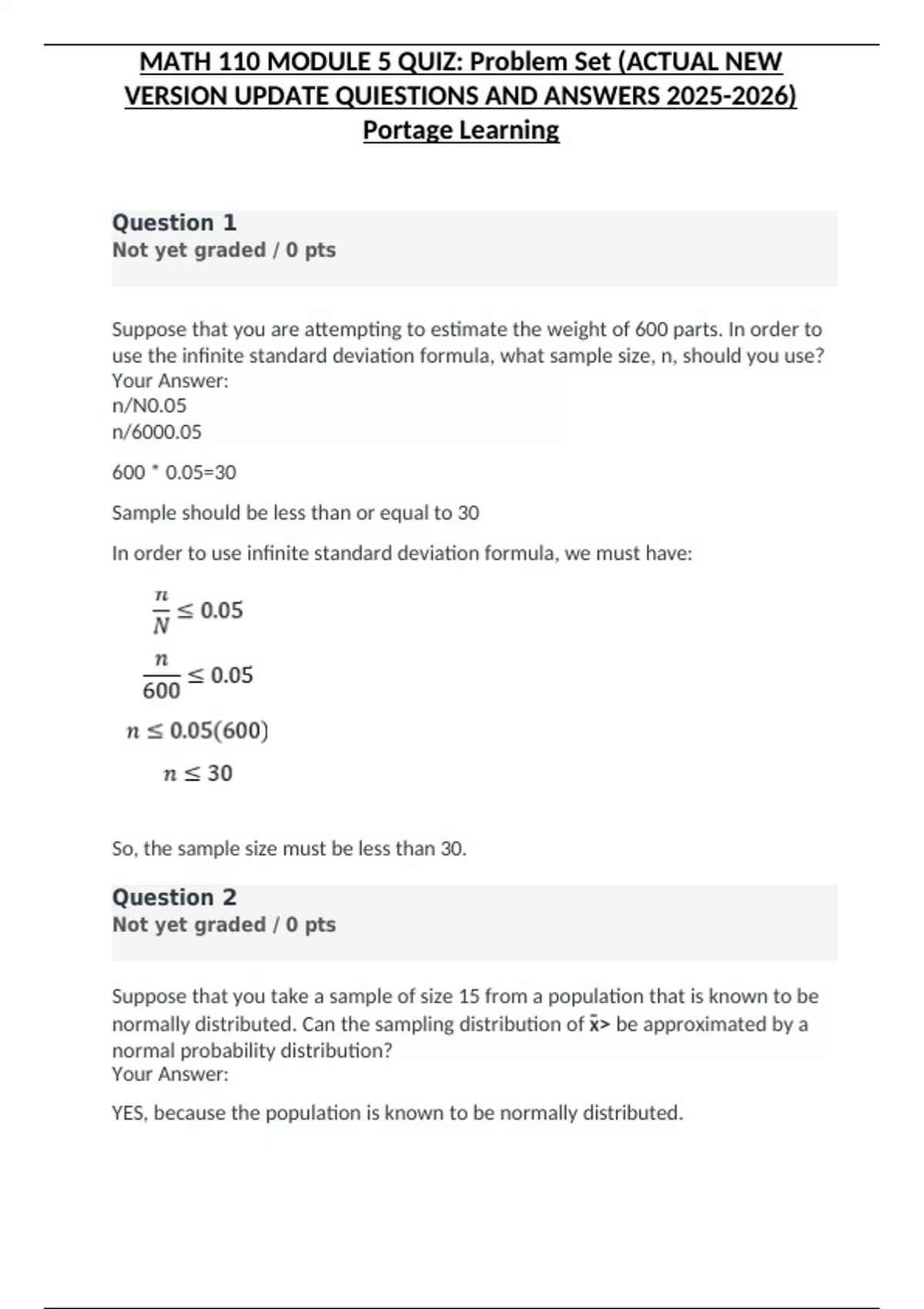 MATH 110 MODULE 5 QUIZ: Problem Set (ACTUAL NEW VERSION UPDATE ...