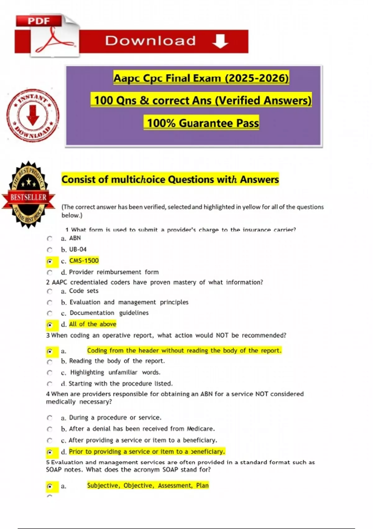 Aapc Cpc Final Exam Real Exam 100 Questions And Correct Answers ...