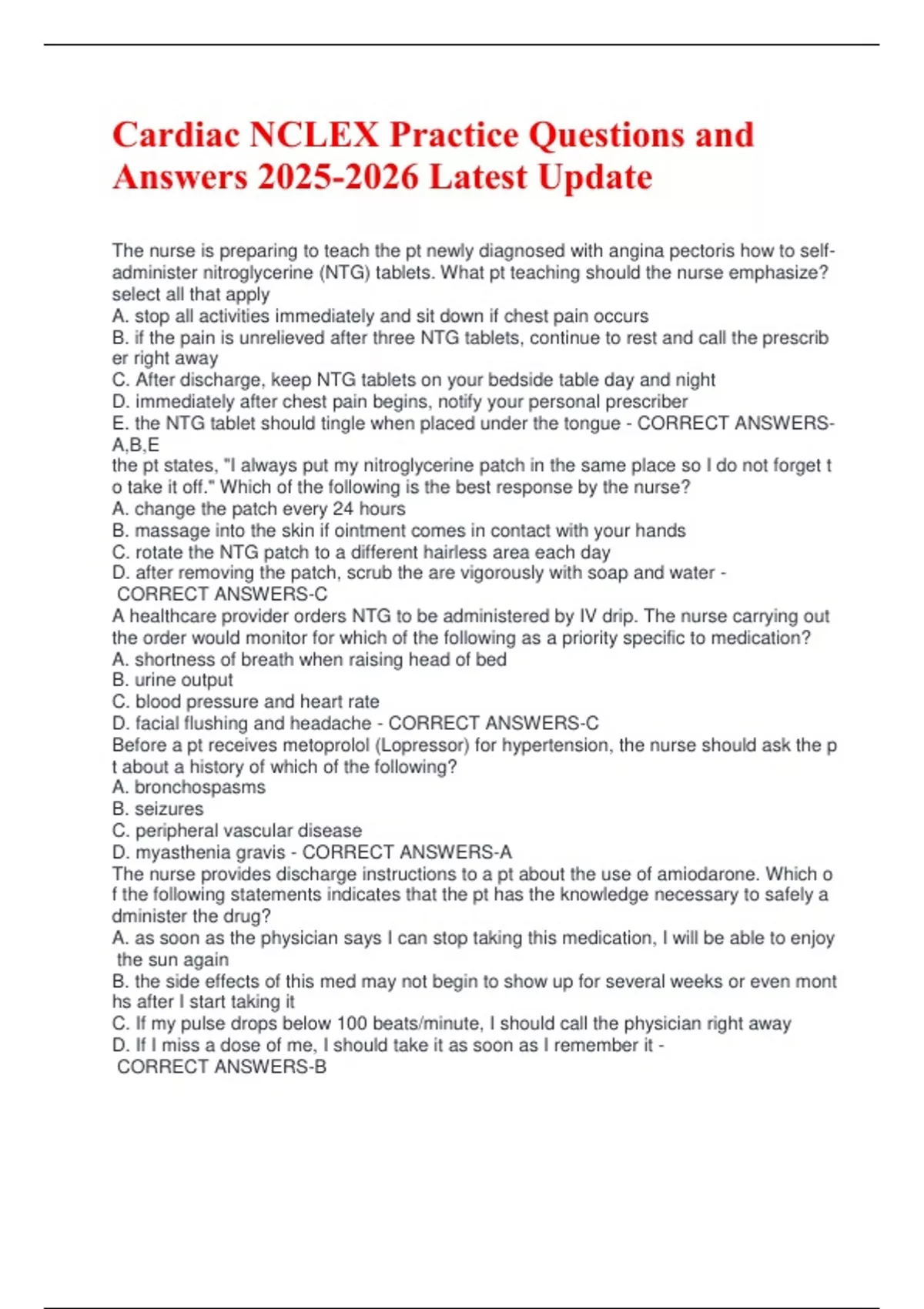 Cardiac NCLEX Practice Questions and Answers Latest Update - Cardiology ...