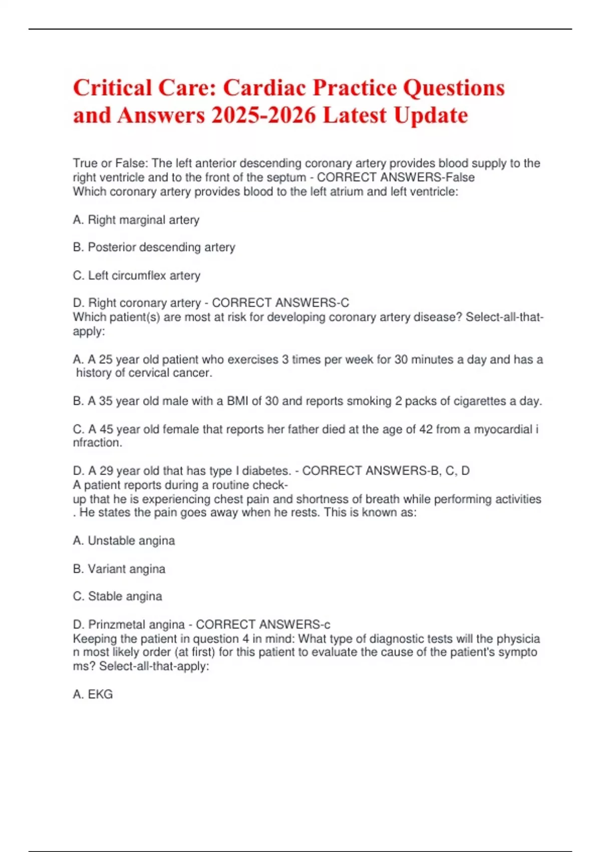 Critical Care: Cardiac Practice Questions and Answers Latest Update ...