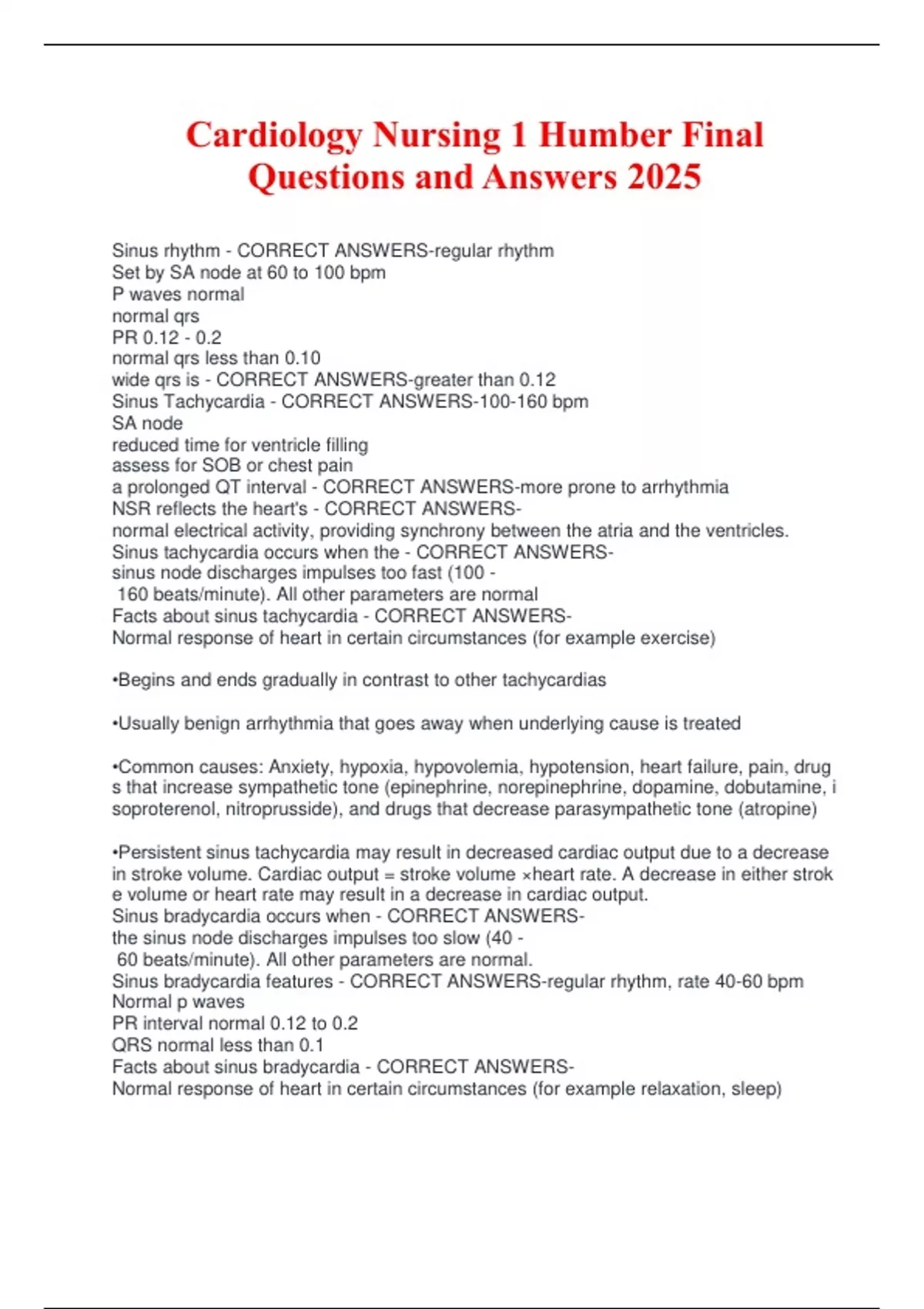 Cardiology Nursing 1 Humber Final Questions and Answers 2025 ...