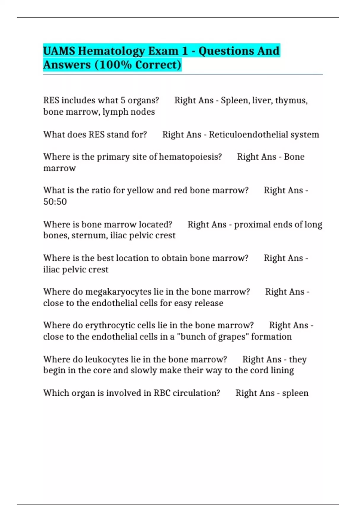 UAMS Hematology Exam 1 - Questions And Answers (100% Correct) - UAMS ...