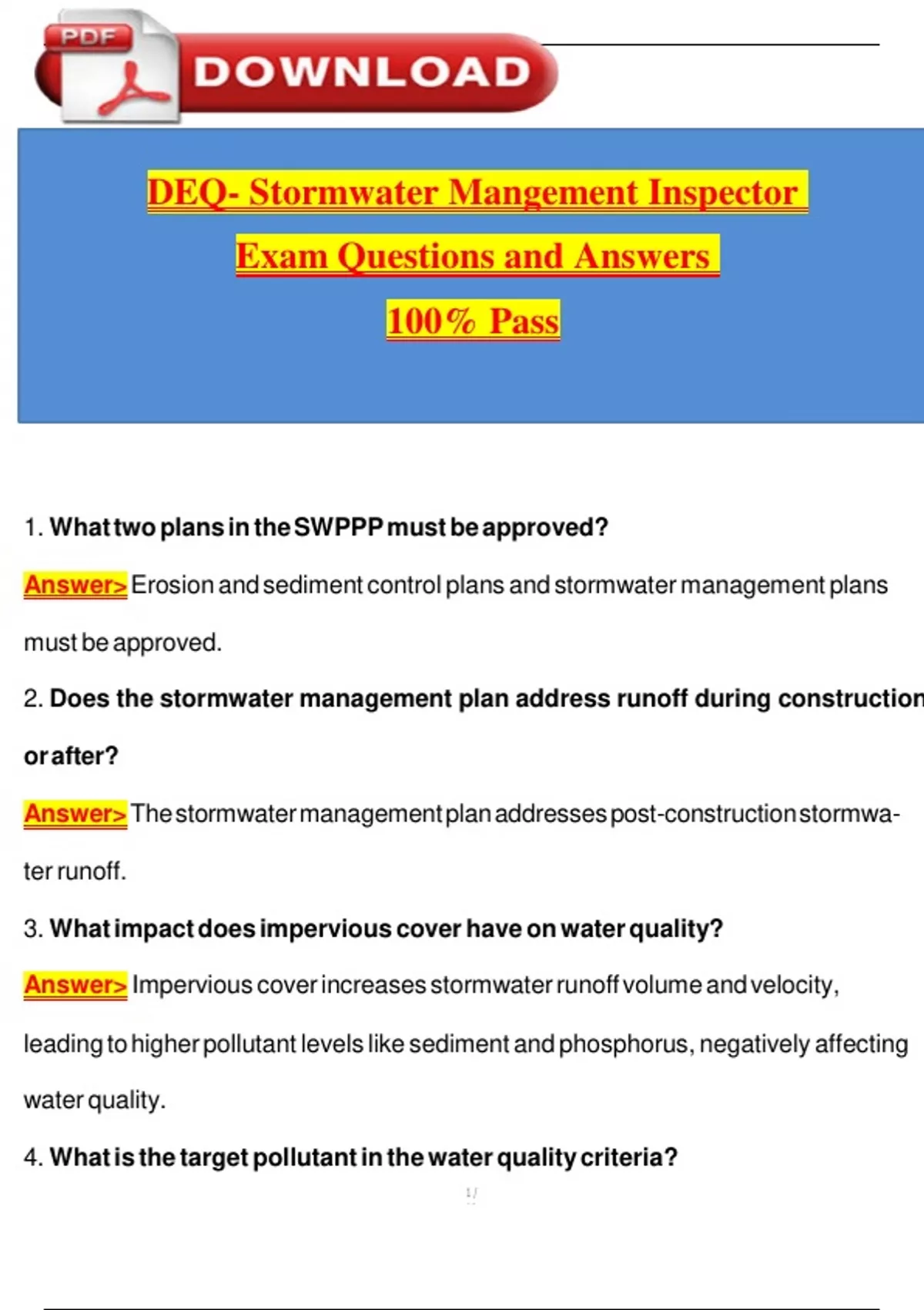 DEQ- Stormwater Mangement Inspector Exam Questions and Answers (Latest ...
