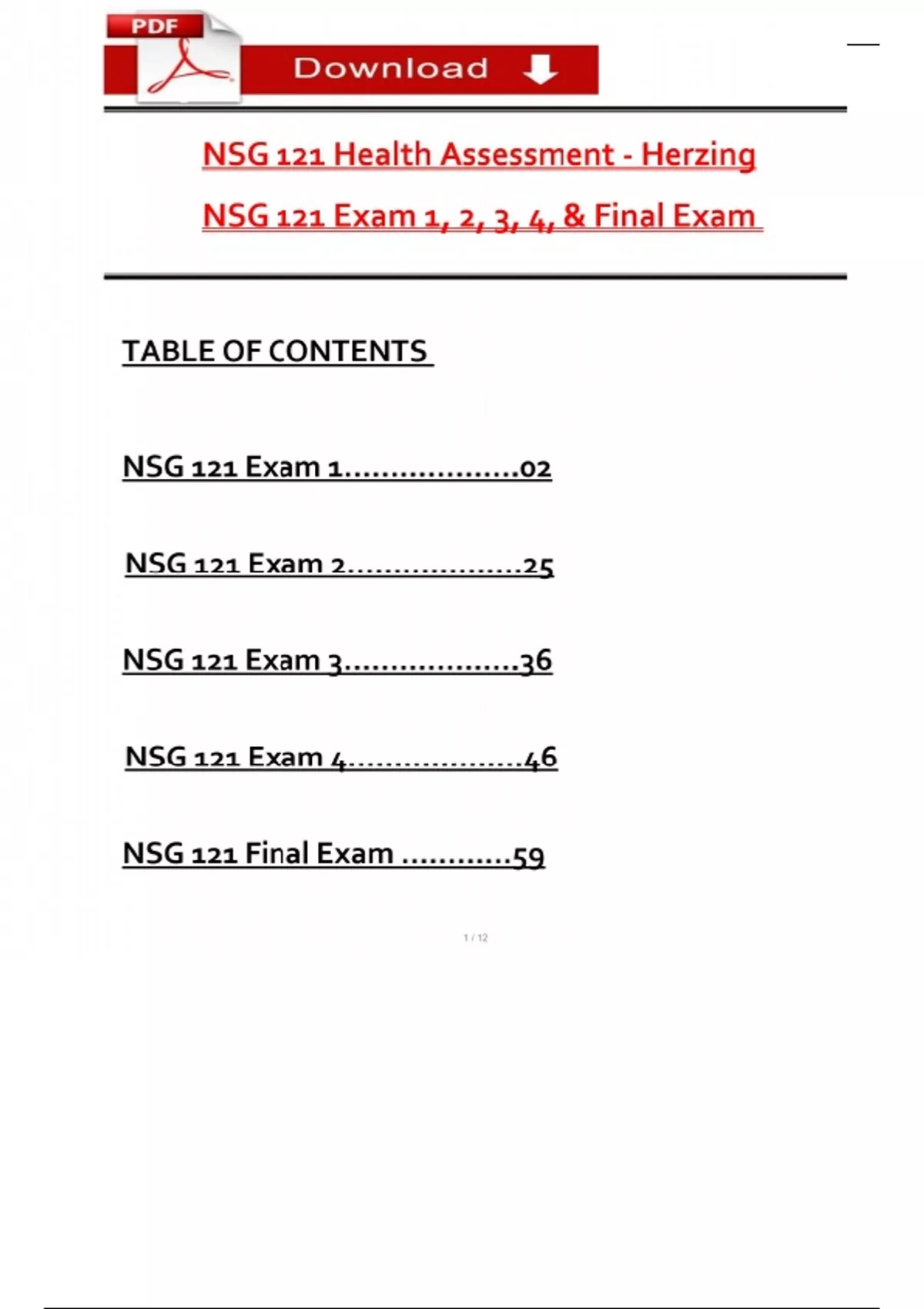 NSG 121 Exam 1, 2, 3, 4, & Final Exam: ALL IN ONE Health Assessment ...