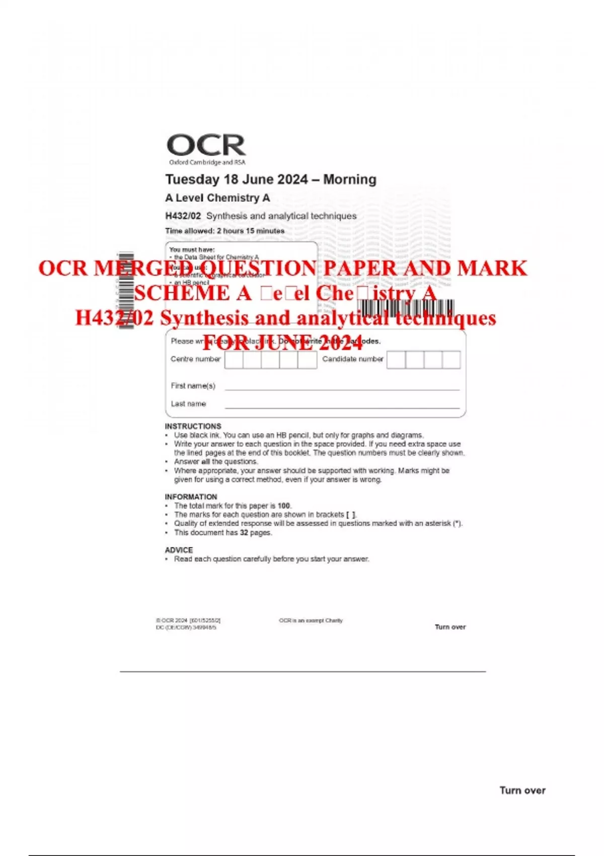 A-LEVEL JUNE 2024 OCR CHEMISTRY A PAPER 2 QUESTIONS PAPER AND MARK SCHEME. - Synthesis and ...