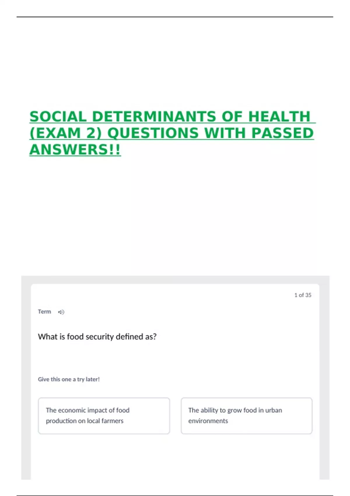 SOCIAL DETERMINANTS OF HEALTH (EXAM 2) QUESTIONS WITH PASSED ANSWERS ...