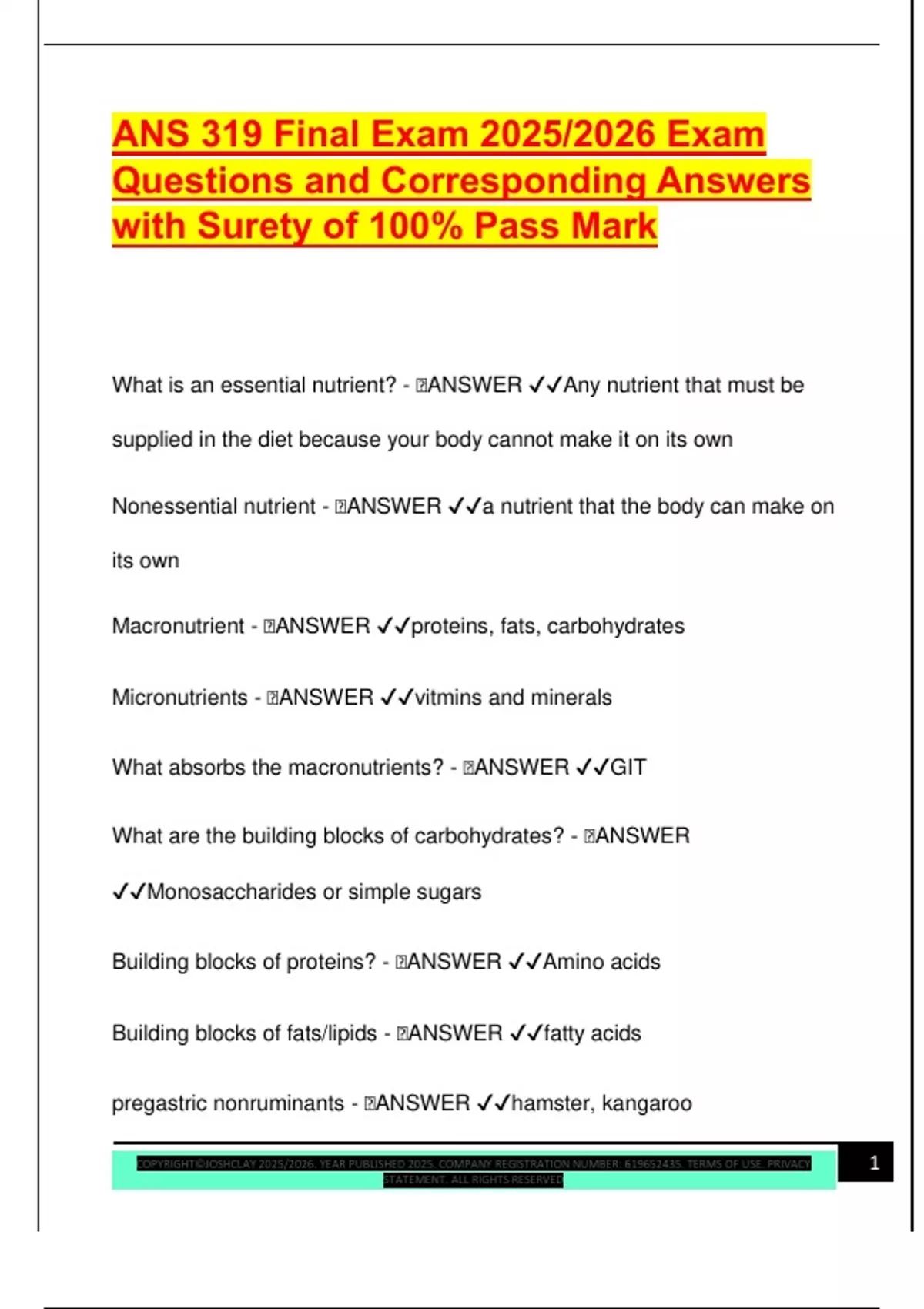 ANS 319 Final Exam 2025/2026 Exam Questions and Corresponding Answers with Surety of 100% Pass ...