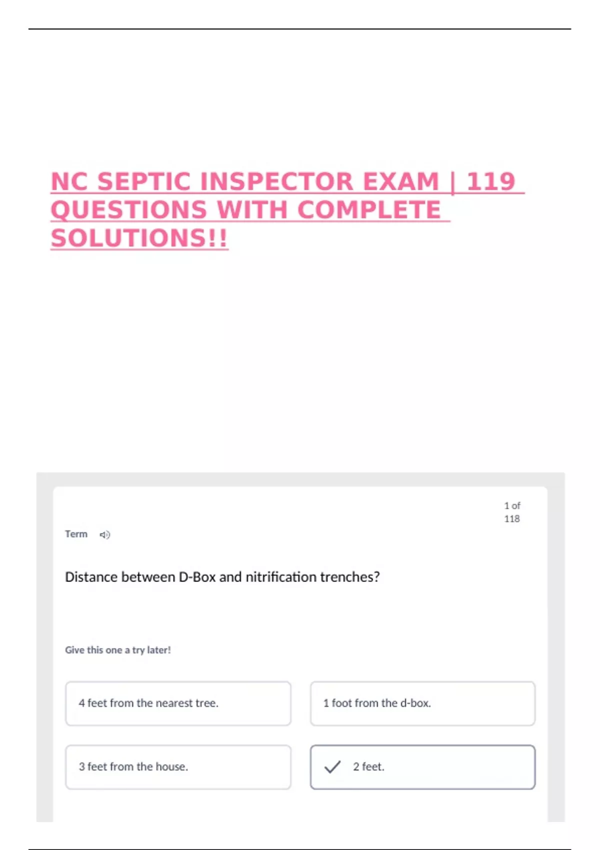 NC SEPTIC INSPECTOR EXAM | 119 QUESTIONS WITH COMPLETE SOLUTIONS!! - NC ...