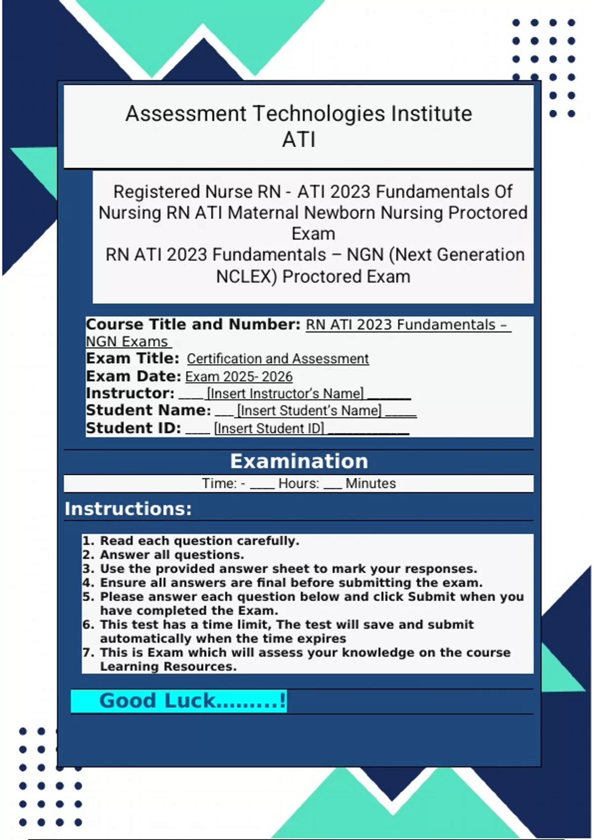 ATI 2023 Fundamentals Of Nursing Proctored Exam Practice Test Review ...