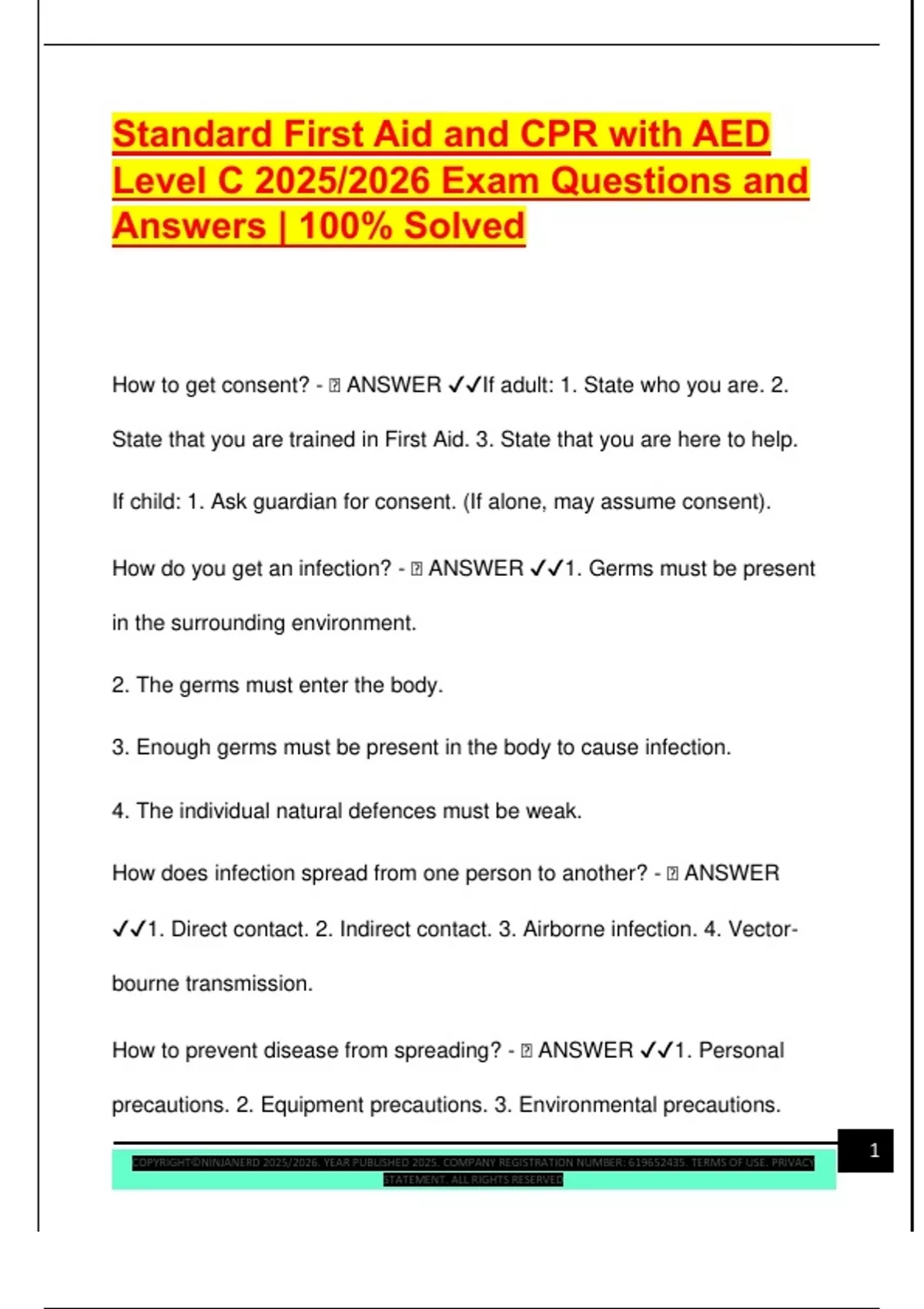 Standard First Aid and CPR with AED Level C 2025/2026 Exam Questions ...