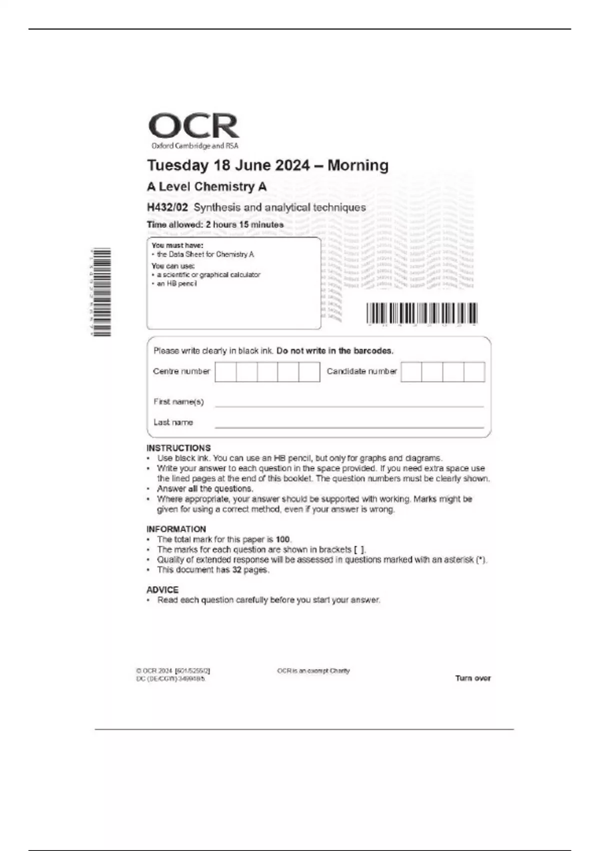 A-LEVEL JUNE 2024 OCR CHEMISTRY A - Stuvia US