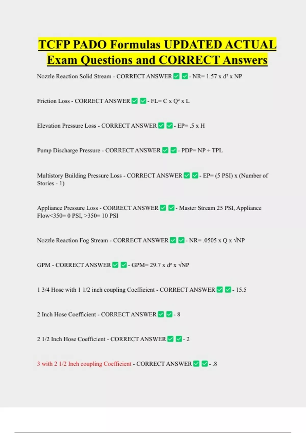 TCFP PADO Formulas UPDATED ACTUAL Exam Questions and CORRECT Answers - TCFP - Stuvia US
