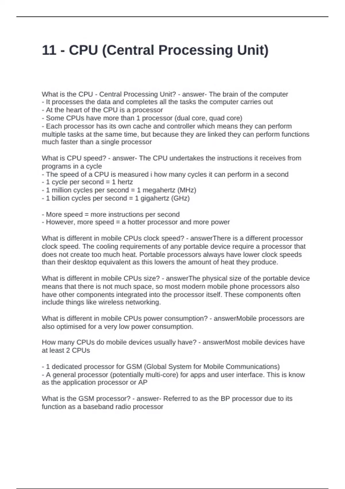 11 - CPU (Central Processing Unit) Questions and Answers 100% Correct - CPU - Stuvia US