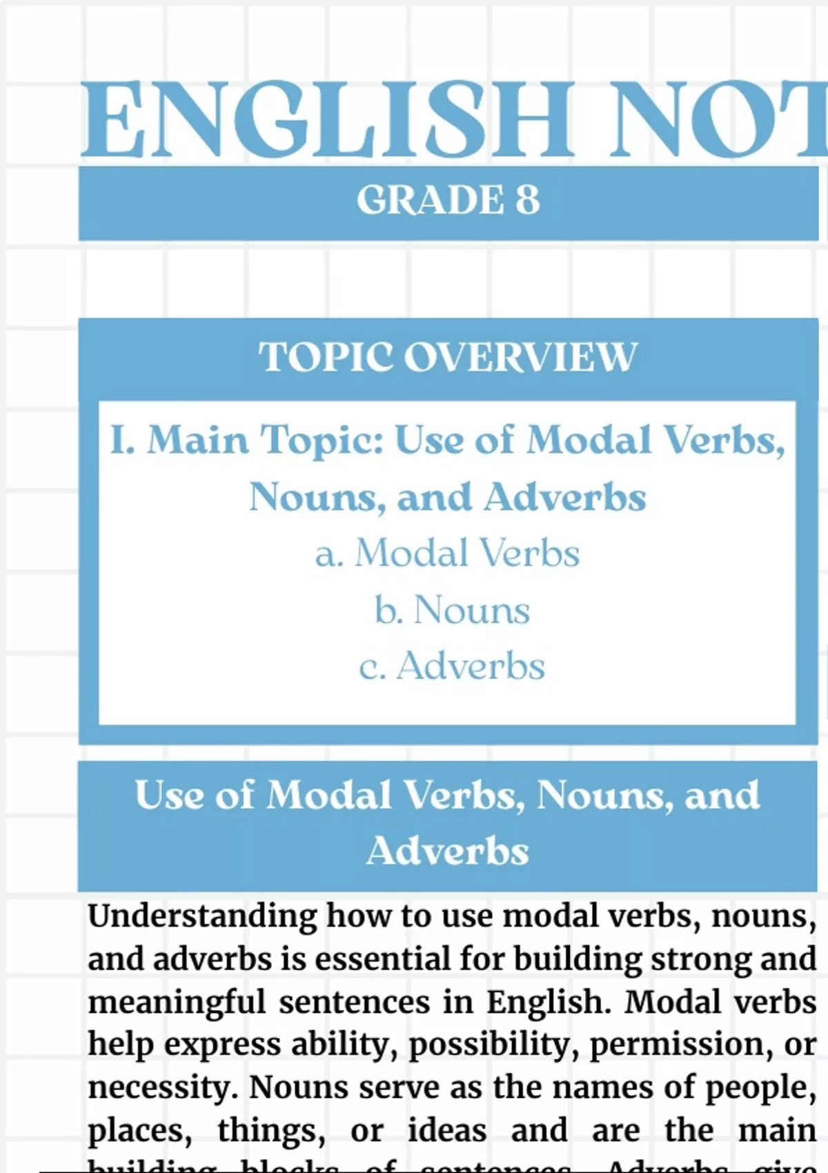 GRADE 8 QUARTER 1 WEEK 3 Use of Modal Verbs, Nouns, and Adverbs ...