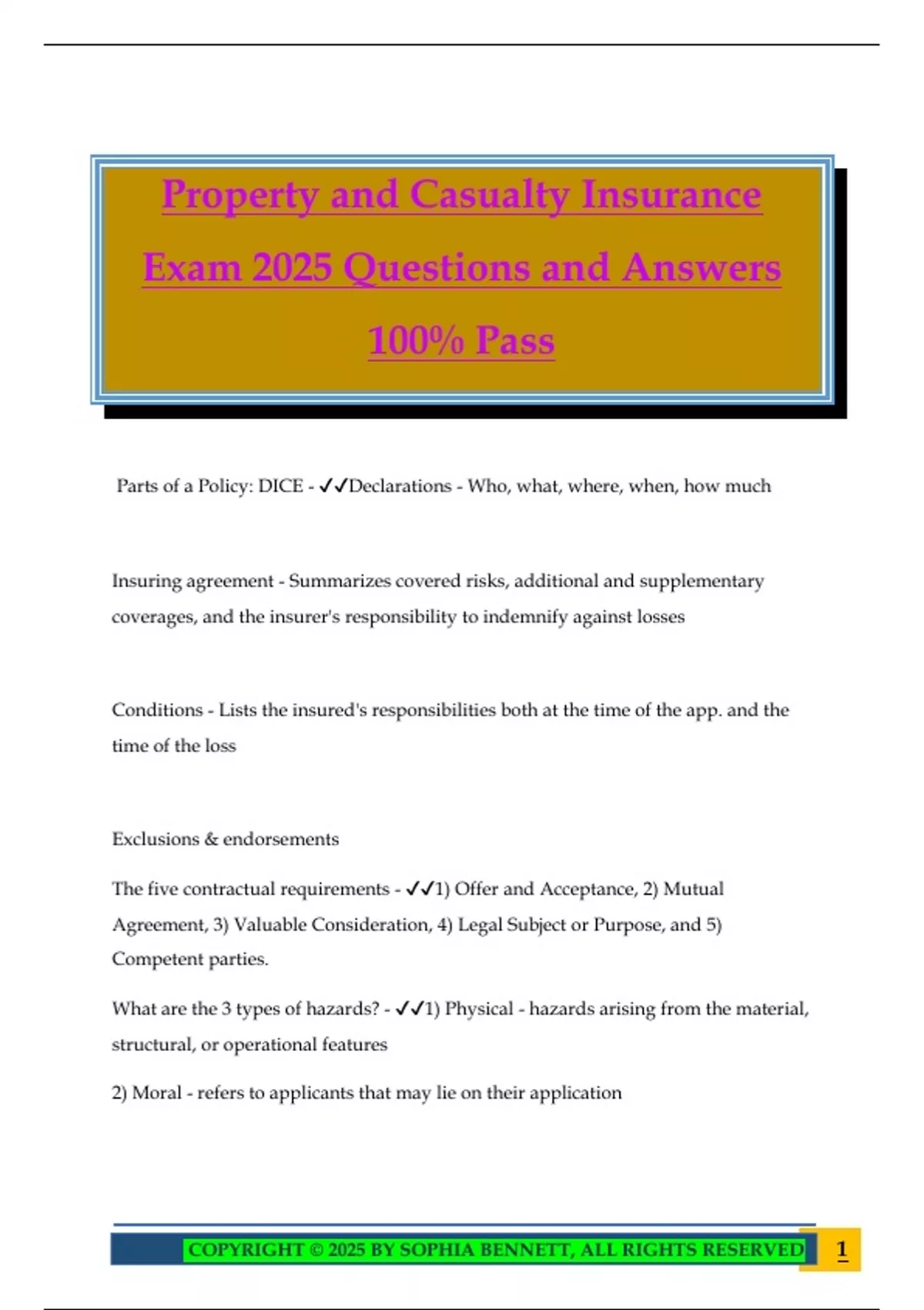 Property and Casualty Insurance Exam 2025 Questions and Answers 100% ...