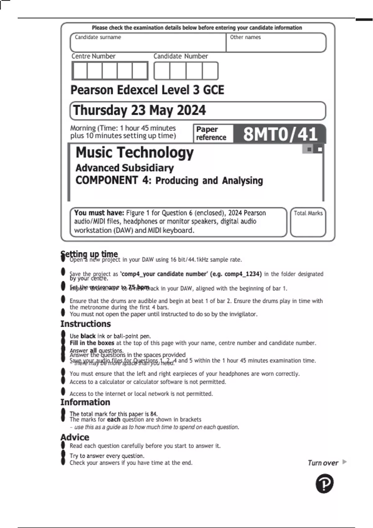 2024 Pearson Edexcel GCE Music Technology (8MT0) Paper 4: Producing and ...