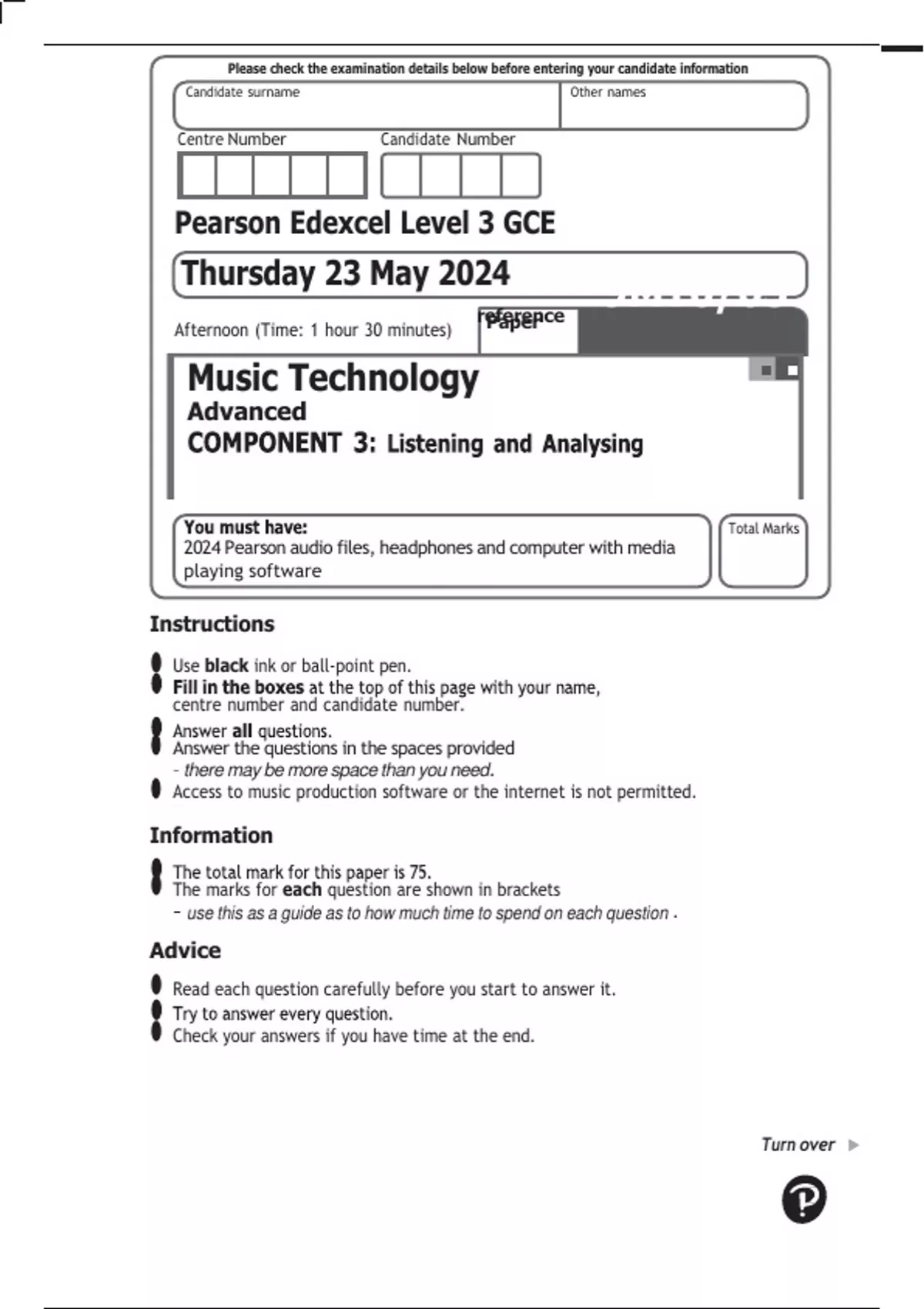 2024 Pearson Edexcel GCE Music Technology (9MT0) Paper 03: Listening ...