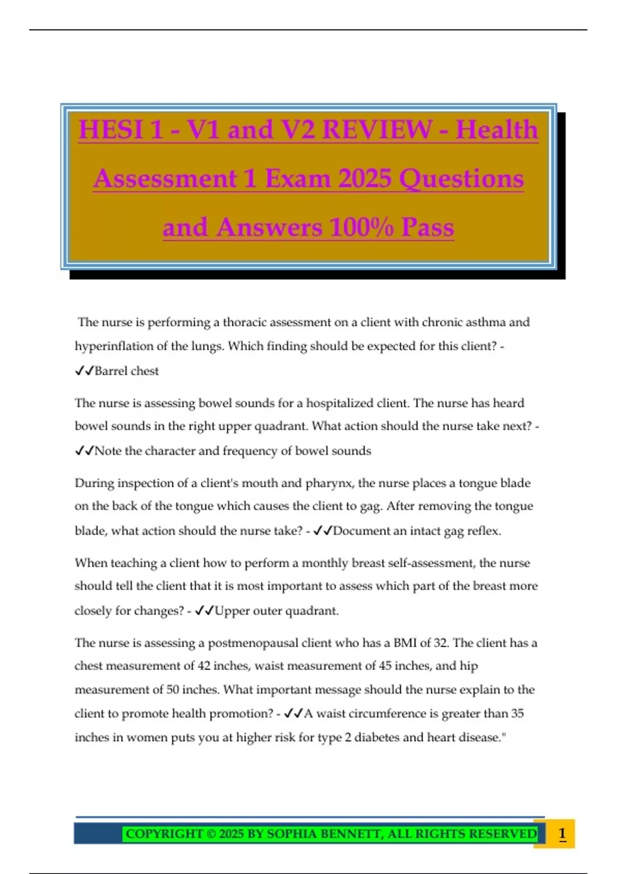 HESI 1 - V1 and V2 REVIEW - Health Assessment 1 Exam 2025 Questions and ...