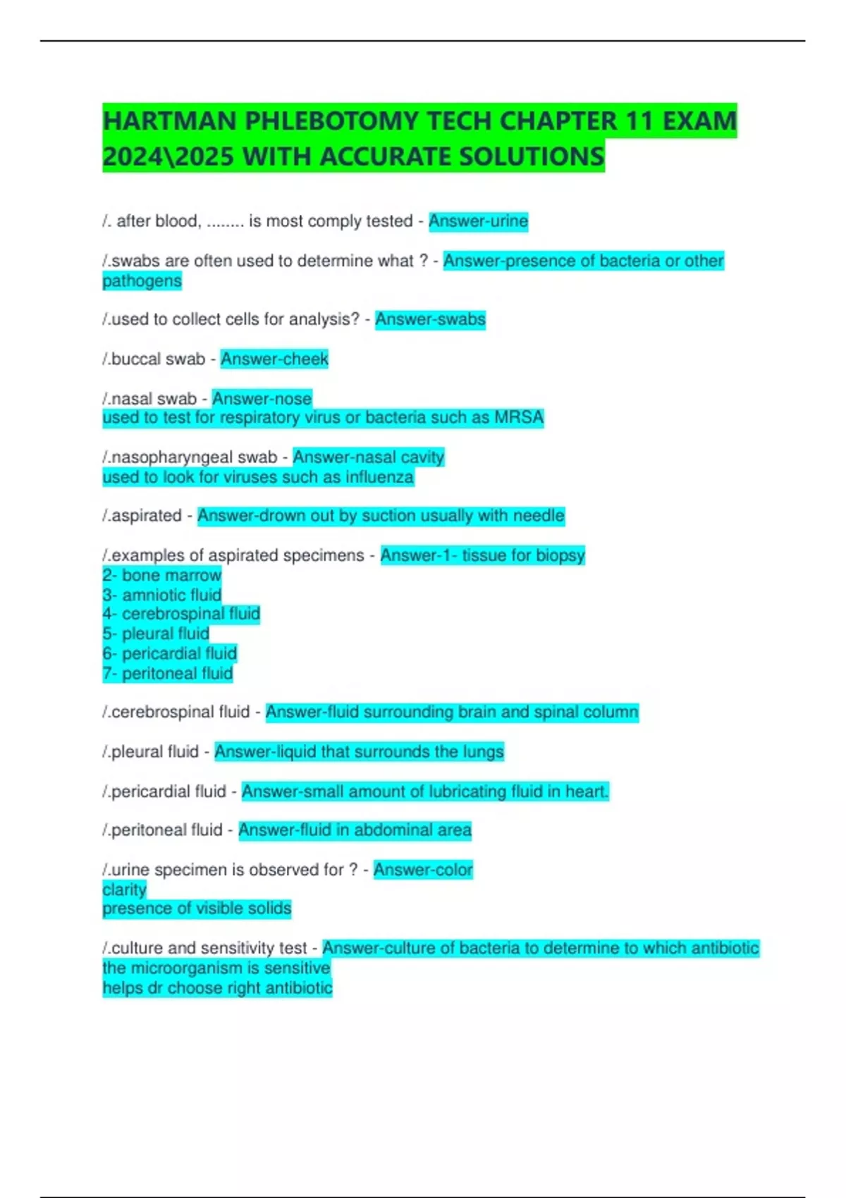 HARTMAN PHLEBOTOMY TECH CHAPTER 11 EXAM WITH ACCURATE SOLUTIONS ...